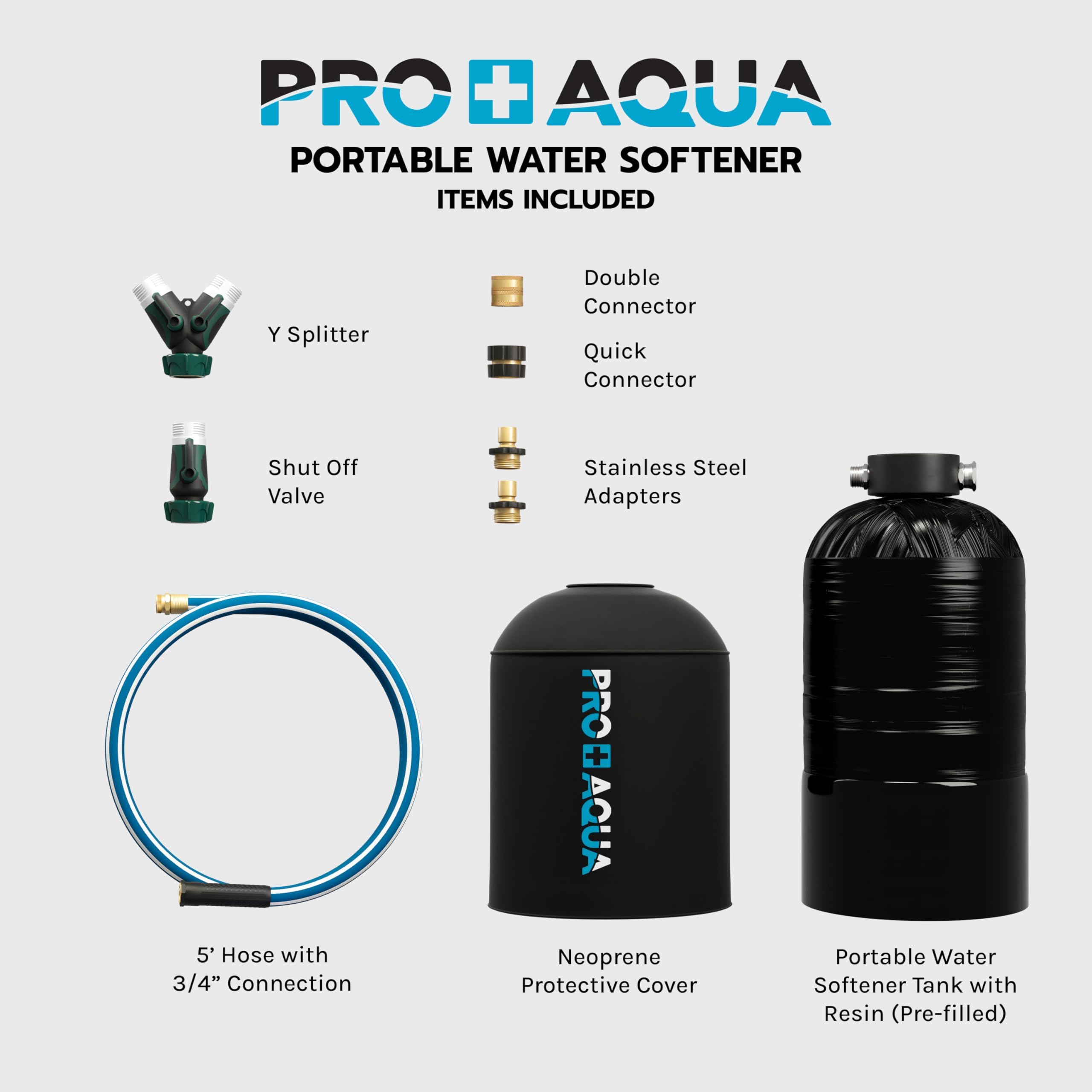 PRO+AQUA 16,000 Grain Portable Water Softener for RV, Trailers, Boats, Mobile Car Wash, Pressure Wash β Protects Water Systems from Hard Water Damage and Corrosion, with Pre-Filled High-Capacity Resin