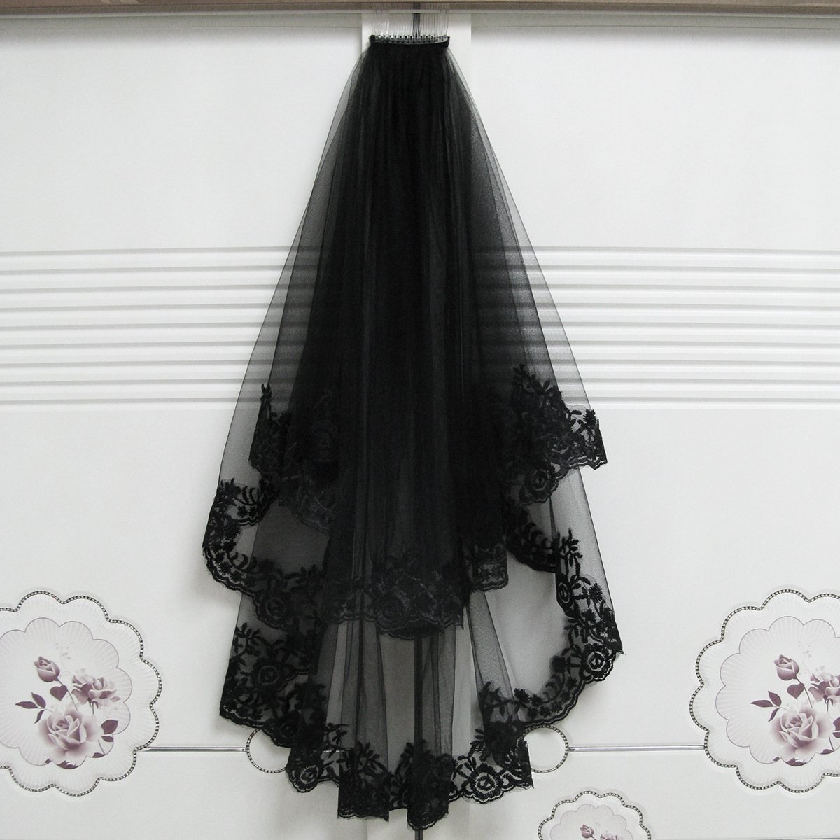 Patty Both Black Ribbon Edge Bridal Wedding Veils with Comb (black lace)