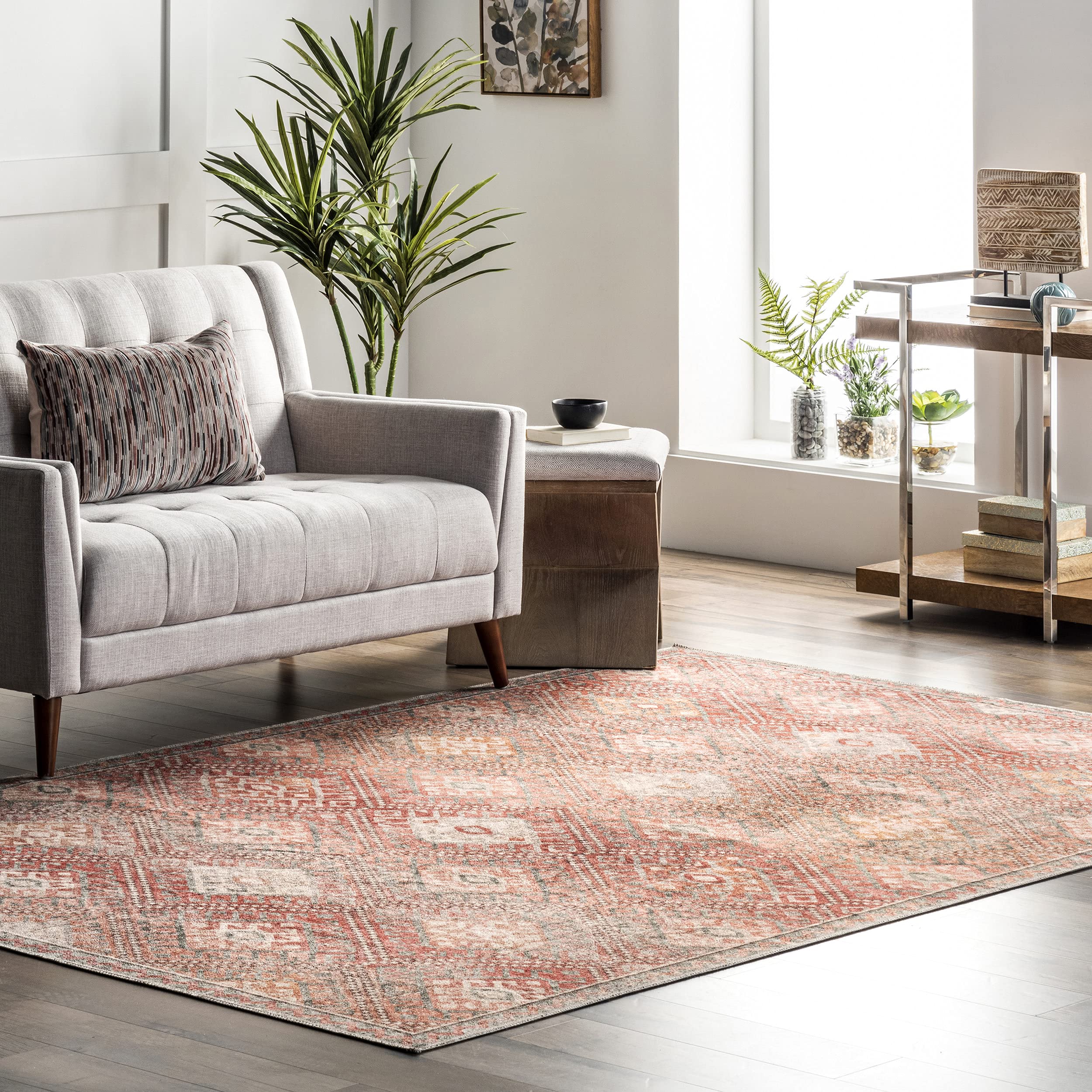 nuLOOM Serenity Machine Washable Diamond Trellis Ultra Thin Area Rug, 8' x 10', Peach
