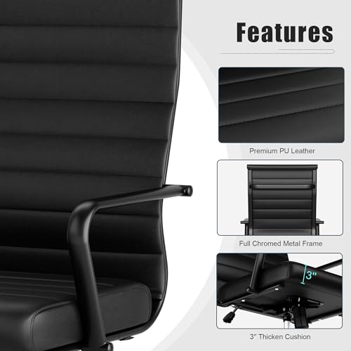 Okeysen White Office Desk Chair, Pure White Ergonomic Leather Modern Conference Room Chairs, Executive Ribbed Height Adjustable Swivel Rolling Chair for Home Office.