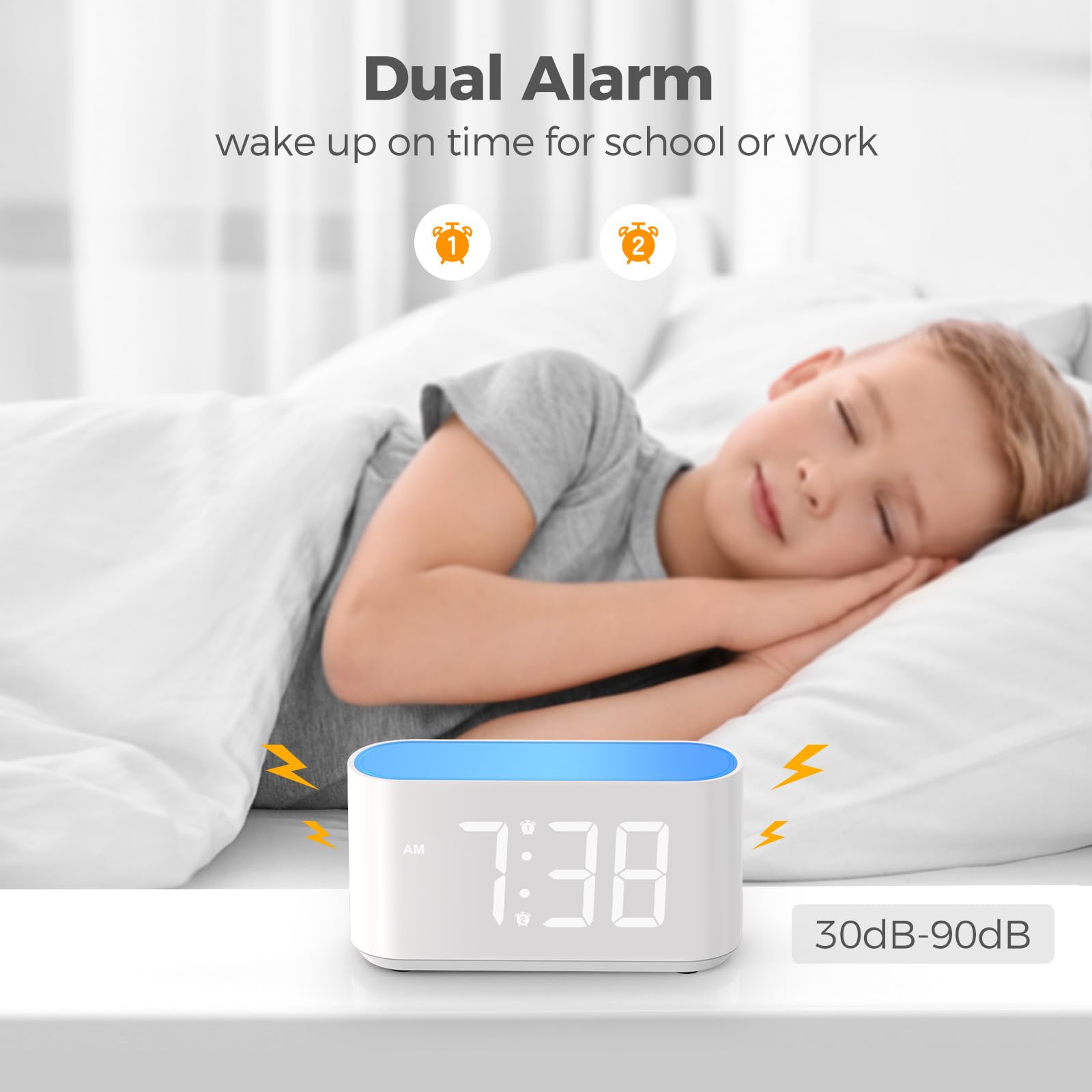 ONLAKE Alarm Clock for Bedrooms, Large Display Digital Clocks with 2 Alarms, 7 Color Larger Night Light, Battery Backup, Dimmer, Adjustable Volume, Easy Snooze (White)