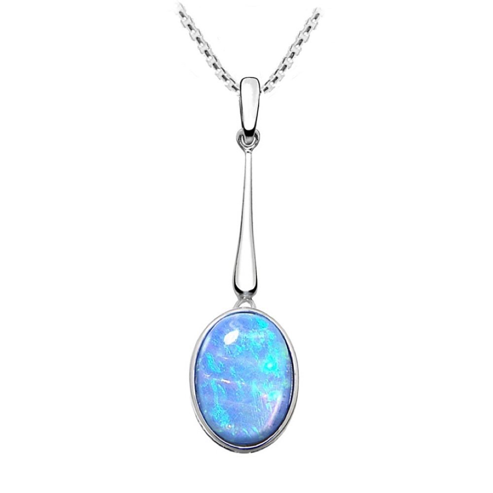Paul Wright Created Blue Opal Necklace, in 925 Sterling Silver, 15mm x 10mm Oval Drop Pendant Design, Vibrant Blue Color, 16” plus 2” Extender