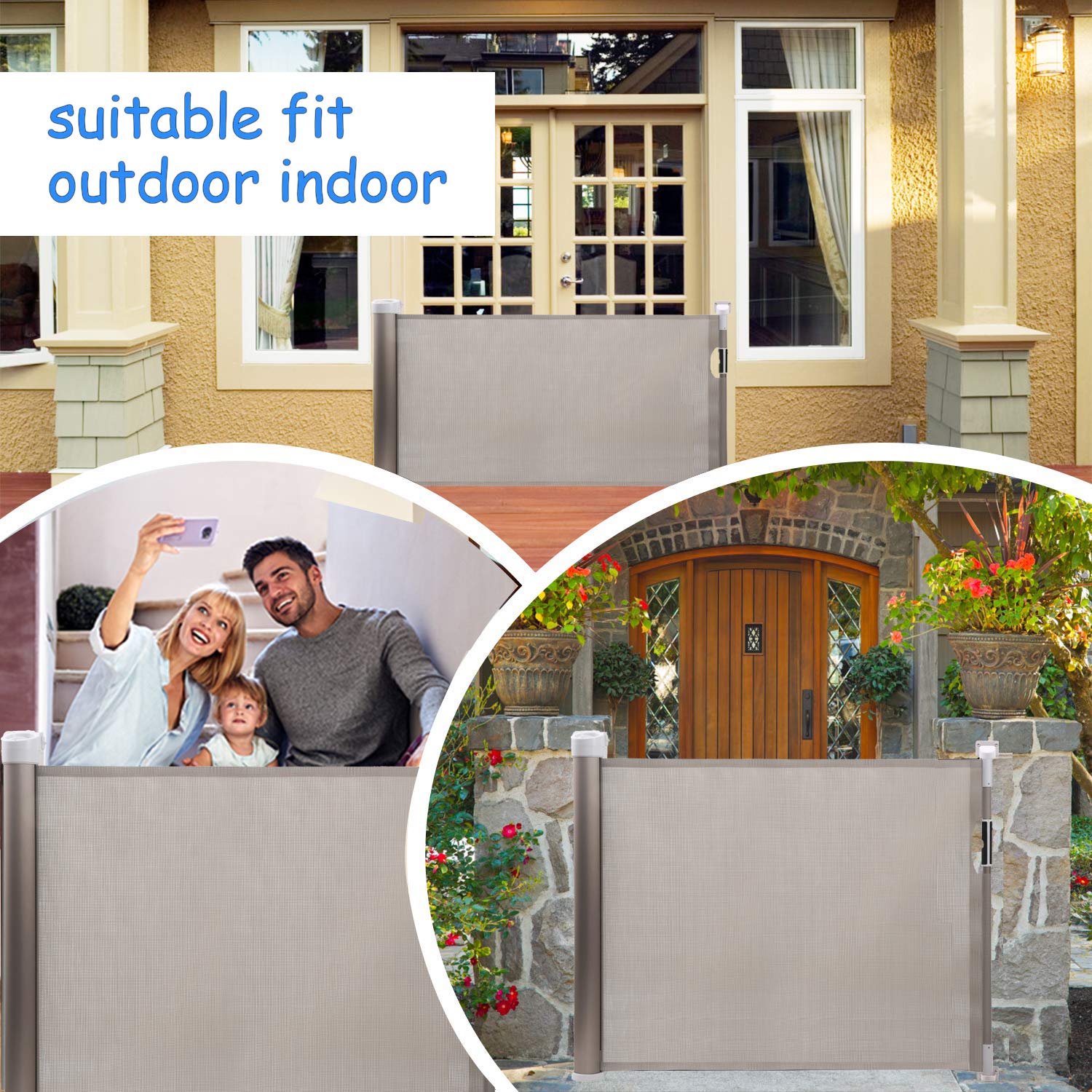 Retractable Baby Gate Support Three Directions 52 INCH Wide Mesh Safety Gate with Easy Latch and Flexible Design for Stairs, Doors,Most Spaces