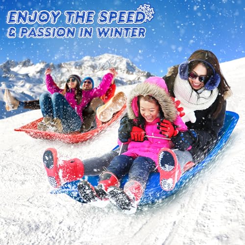 Snow Sled - 2 Pack Classic Sleds for Kids and Adults Flexible Toboggan with Handles Pull Rope Utility Plastic Sled for Winter Ski Sledding Sand Slider Downhill Outdoor - Blue, Red, 36"