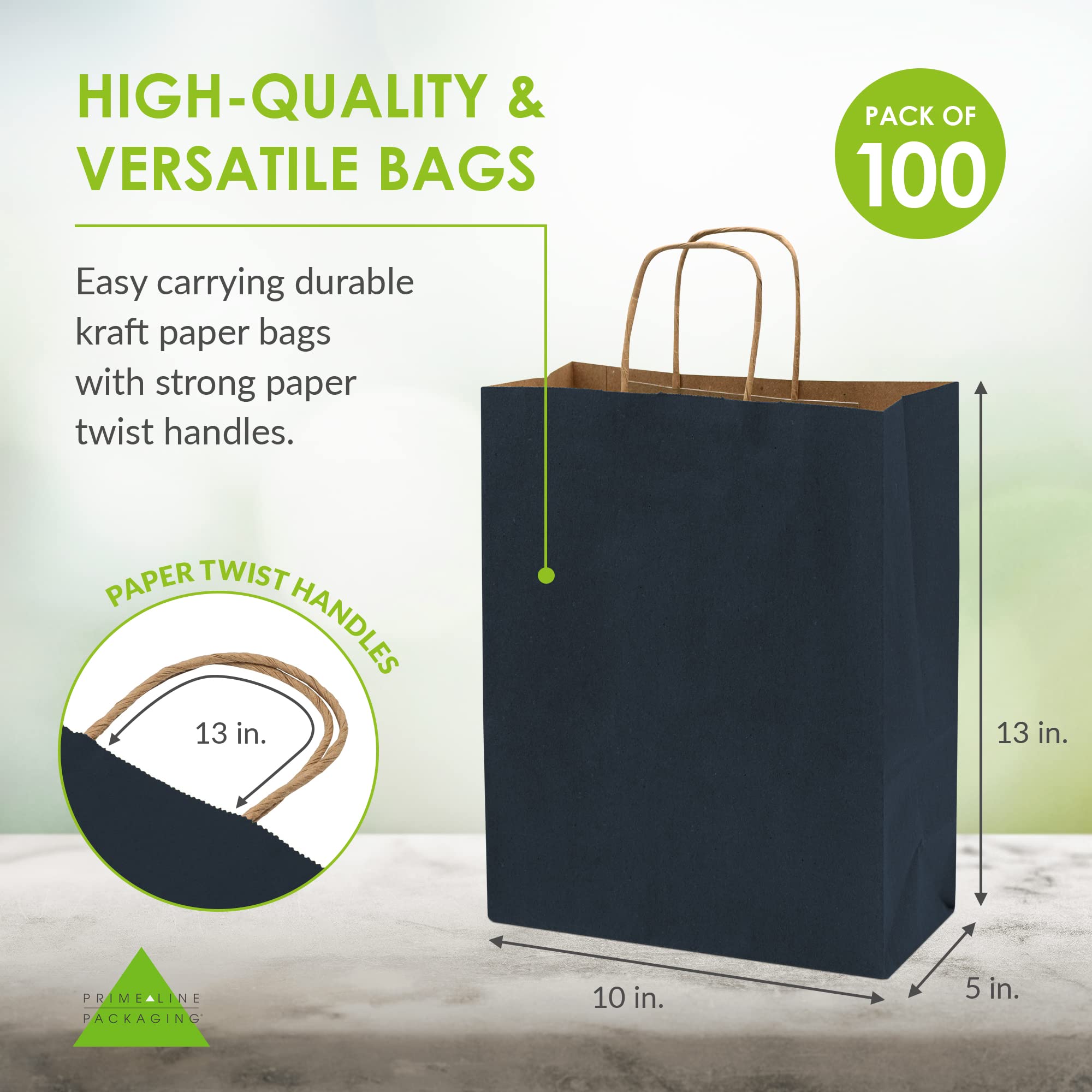Prime Line Packaging 10x5x13 100 Pack Navy Blue Gift Bags with Handles, Medium Paper Bags for Gift Wrapping, Shopping Bags for Small Business, Retail