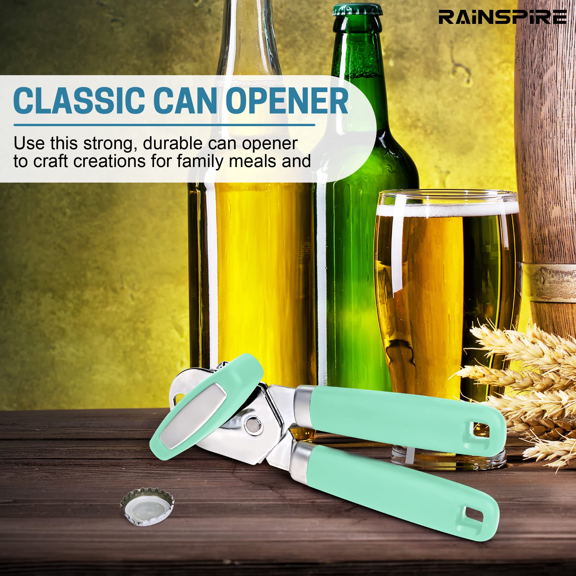 Rainspire Can Opener Manual Handheld Strong Manual Can Opener Smooth Edge Cut, Can Opener Heavy Duty, Comfortable Soft Handle, Built-in Bottle Opener, Mint Green