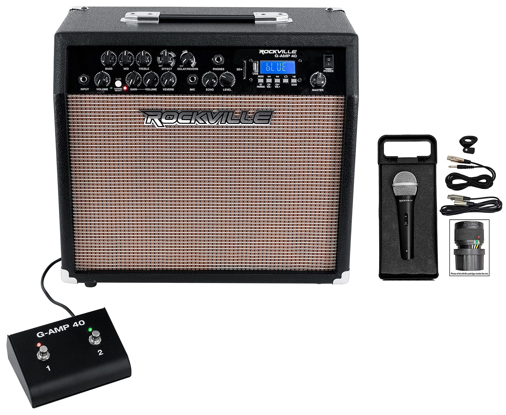 Rockville G-AMP 40 Guitar Combo Amplifier Amp Bluetooth/Mic in/USB/Footswitch Bundle with Rockville RMC-XLR High-End Metal DJ Handheld Wired Microphone Mic w (2) Cables