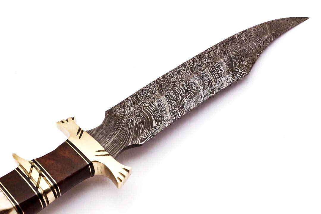 Skokie Knives Damascus Steel hunting Knife Stag Antler Handle with Burl Wood & Brass Guard β15β Handmade Premium Quality Sharp Edge Fix Blade - Genuine Multipurpose Knife β Ideal for Hunting, Camping
