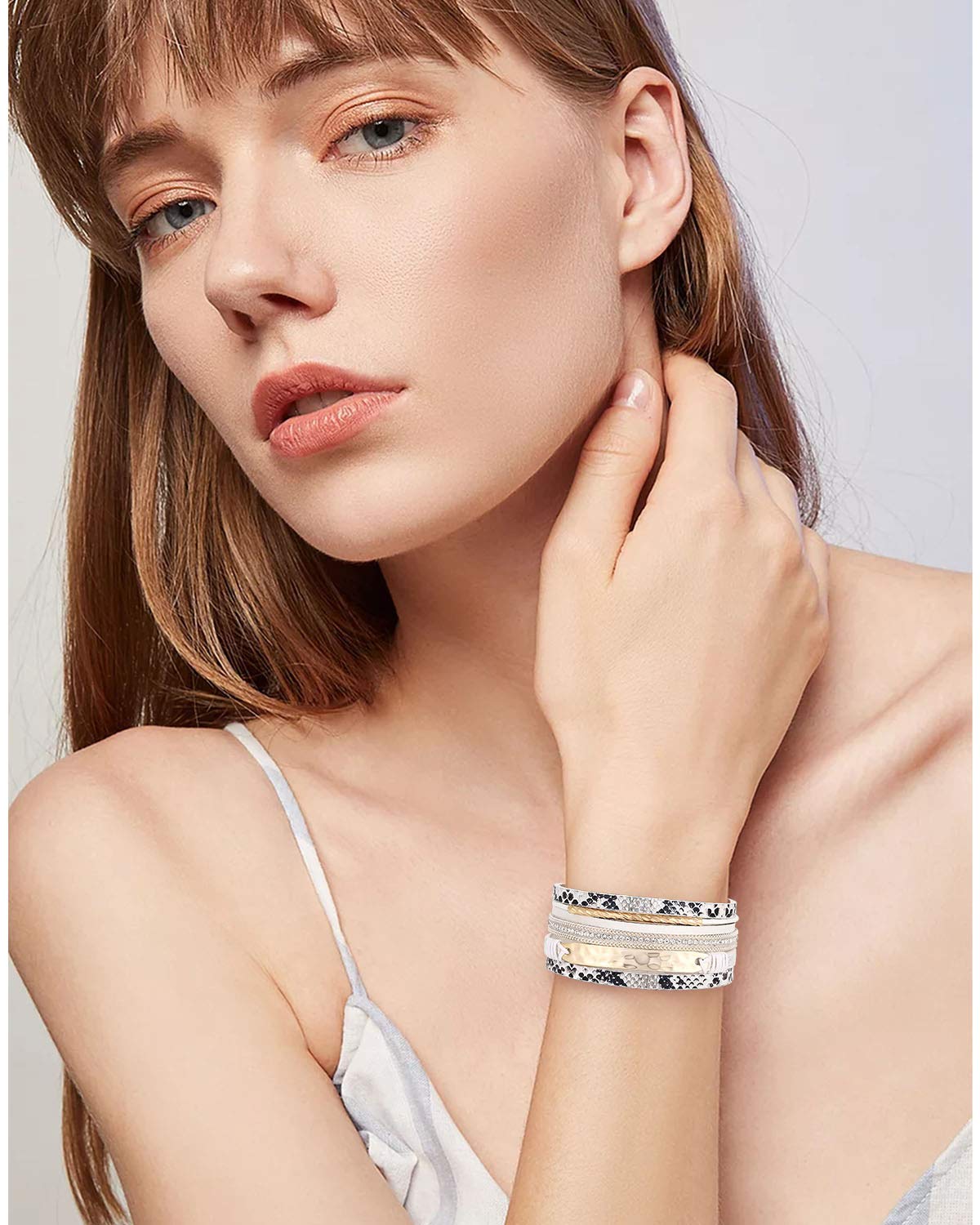 PHALIN Leather Wrap Bracelet for Women Crystal Wide Cuff Bracelets Multi-Layer Leopard Bangles Wristbands