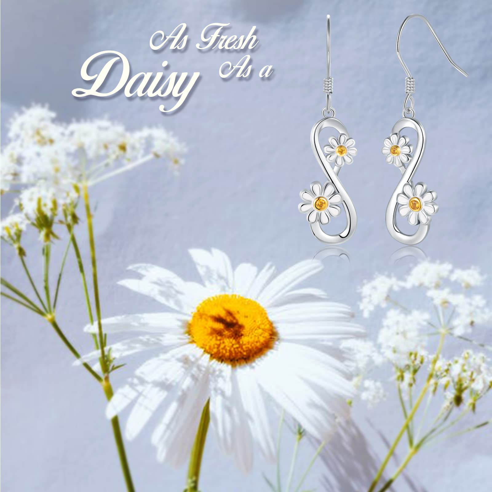 Silver Infinity Daisy Drop Earrings - S925 Sterling Silver Delicate Infinity Sign Daisy Jewelry Dangle Earrings for Women, Christmas Gifts Infinity Symbol White Daisy Flowers Drop Earring for Girls