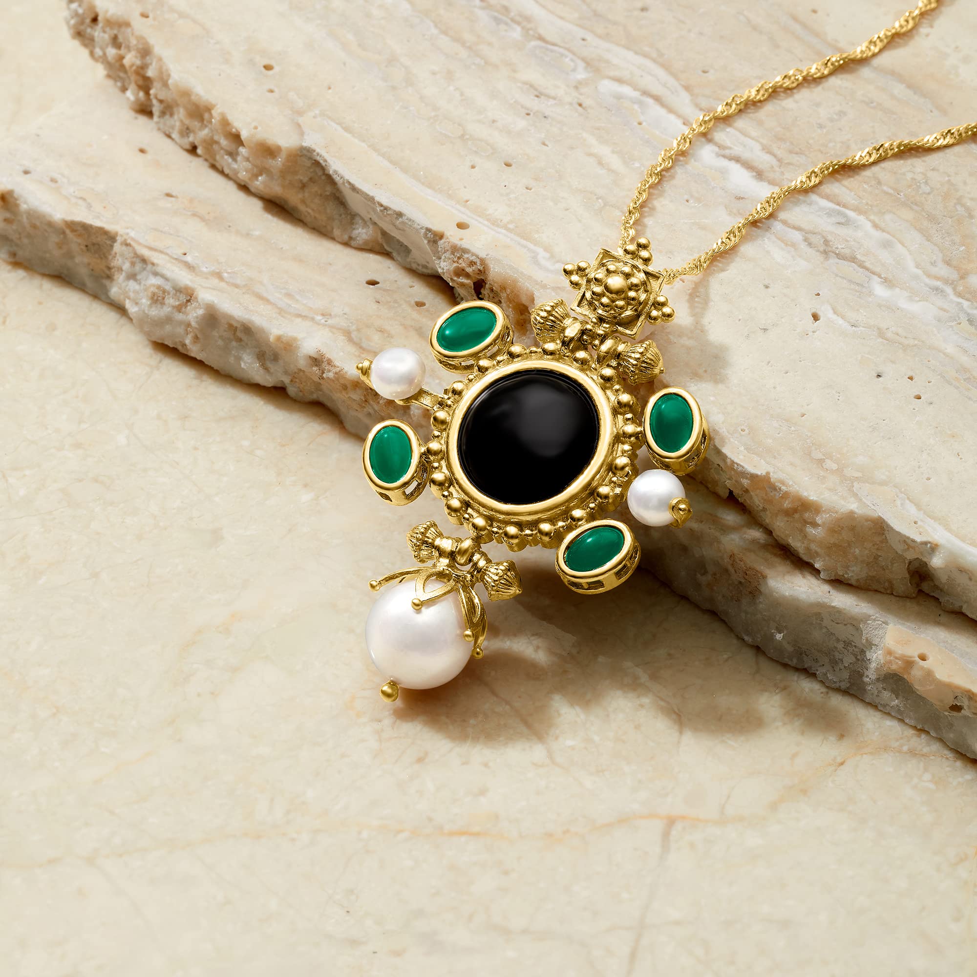 Ross-Simons Italian Cultured Pearl, Black Onyx and Green Agate Pendant Necklace in 18kt Gold Over Sterling Silver