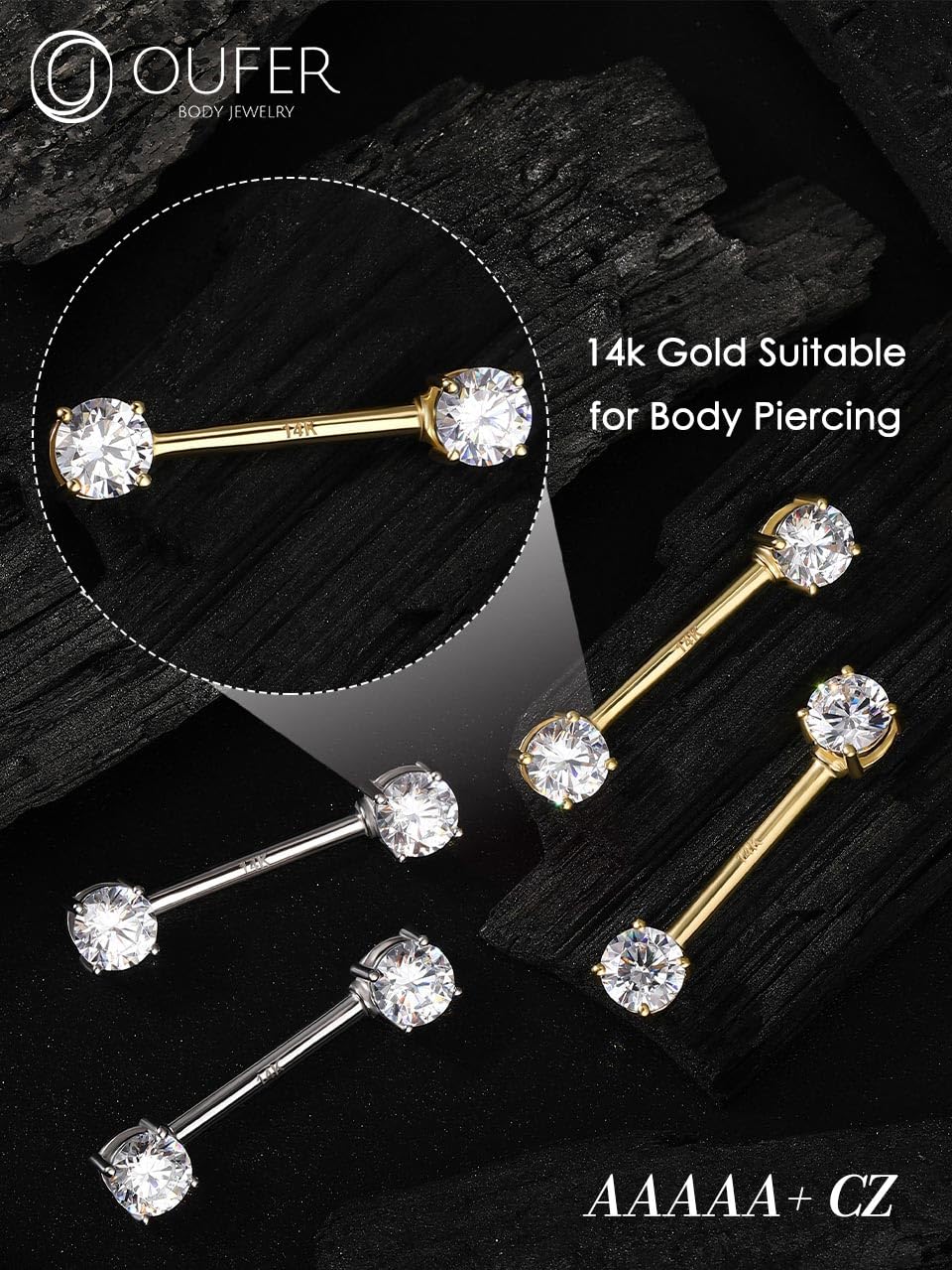 OUFER 2PCS Nipple Rings, 14K Solid Gold Nipple Piercing Jewelry, Clear CZ Nipple Piercing, 14G Nipple Barbells, Nipple Rings For Women Men