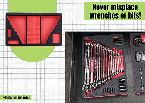 Polar Whale Tool Drawer Organizer Wrench Holder Insert Red and Black Durable Foam Strong Tray 15 x 10 Inches with 3 Pockets for Accessories Fits Duralast and Many Others