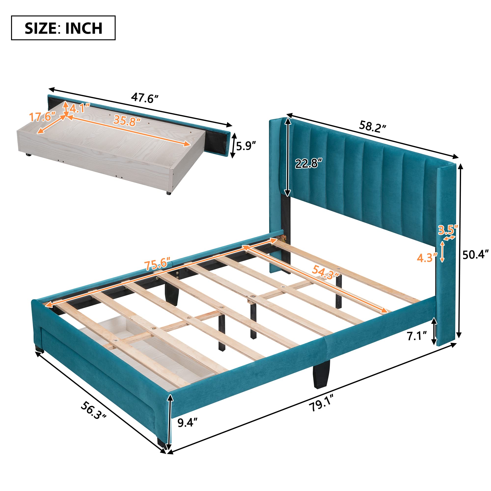 Prohon Full Size Platform Bed with Classic Vertical Stripes Headboard, Upholstered Wingback Backrest Storage Bed Frame w/A Big Storage Drawers on Endbed, Wood Slats Support Mattress Foundation, Blue