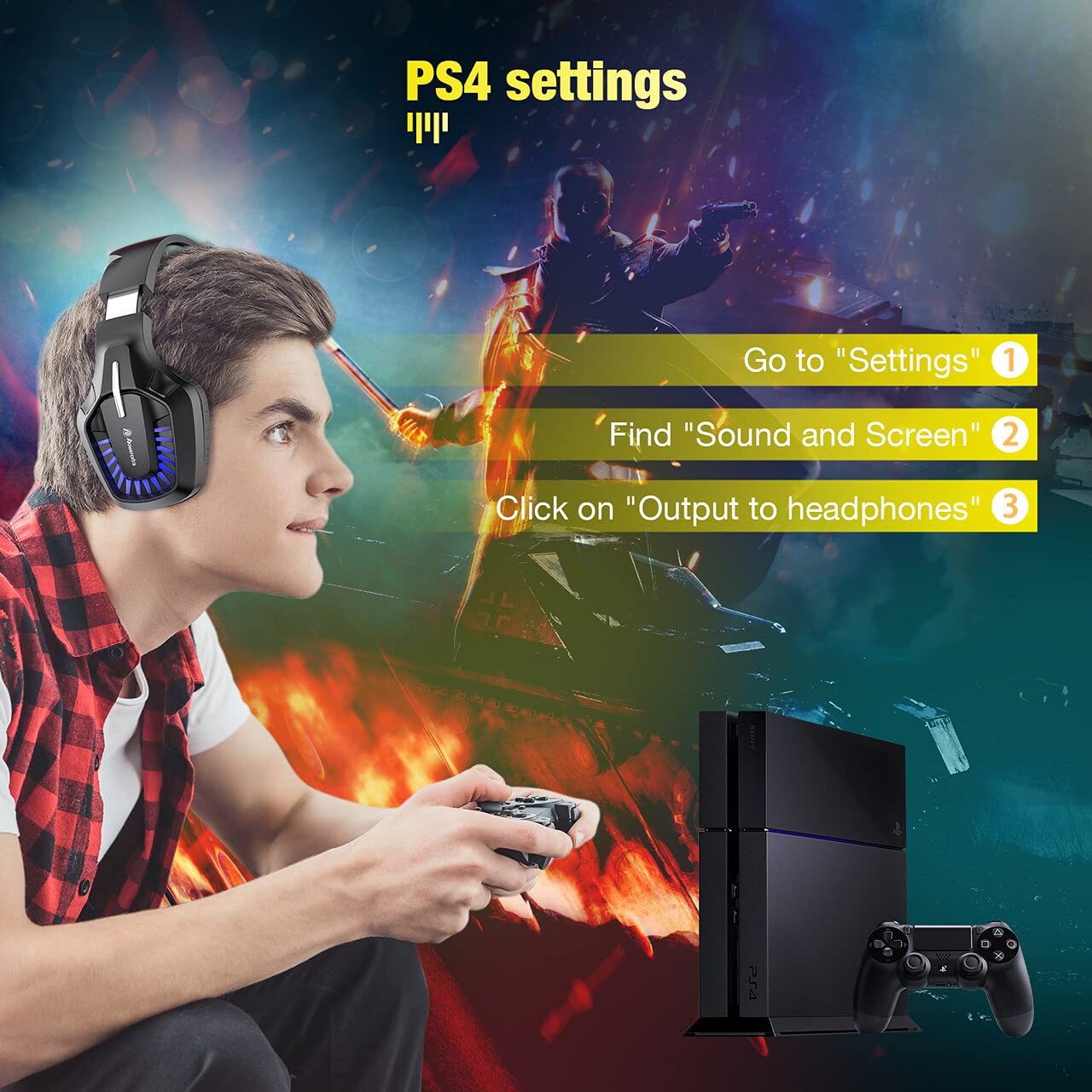 Powerextra Gaming Headset for PC, Over Ear Headphones with Noise Cancelling Microphone LED Light, Mic, Volume Control, Soft Memory Earmuffs for Laptop Mac Nintendo PS4 PS5 Xbox One Controller