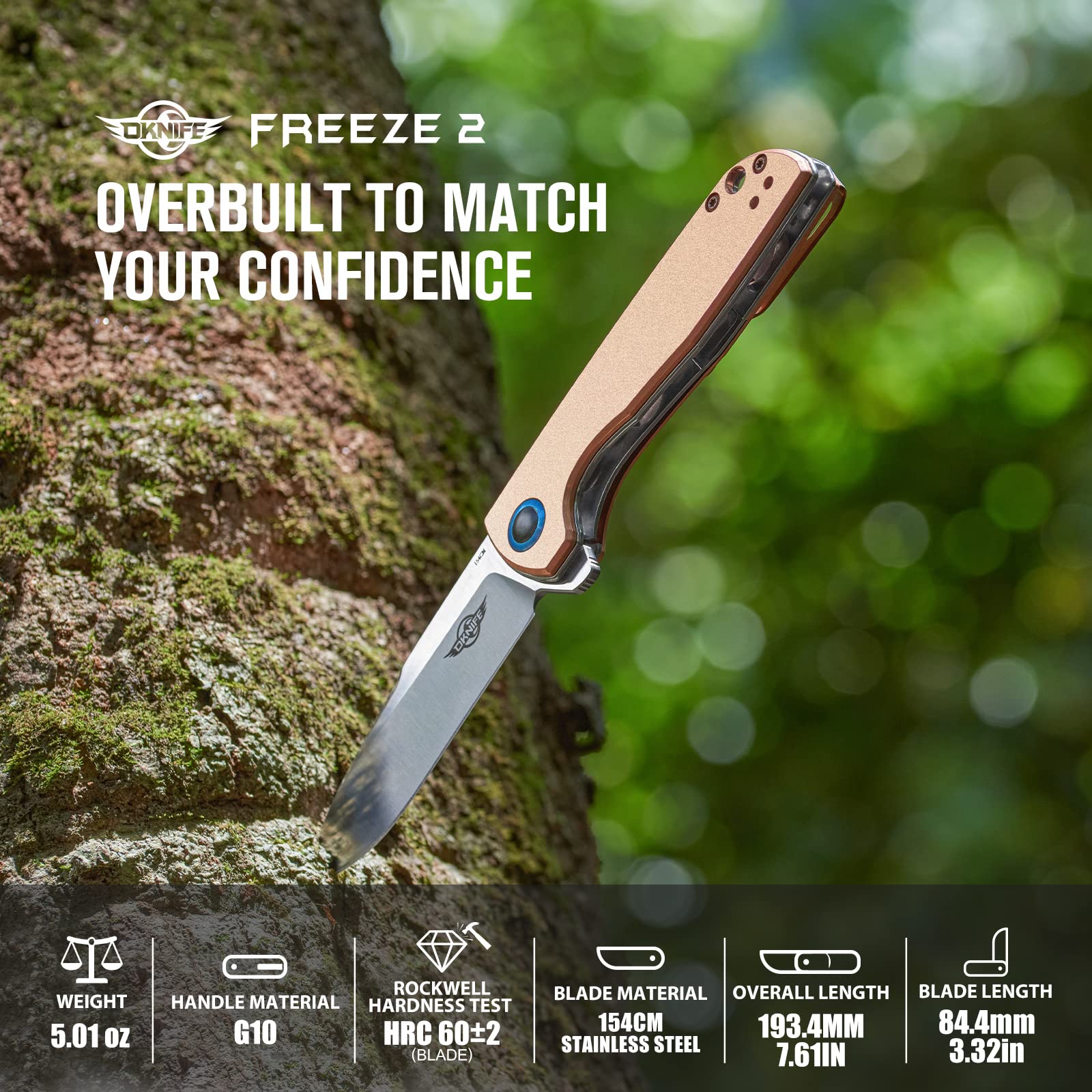 OKNIFE Freeze 2 Folding Knife, EDC Pocket Knife with Aluminium Handle, 154CM Steel Blade and Ceramic Ball Bearing Washer for Camping, Hiking