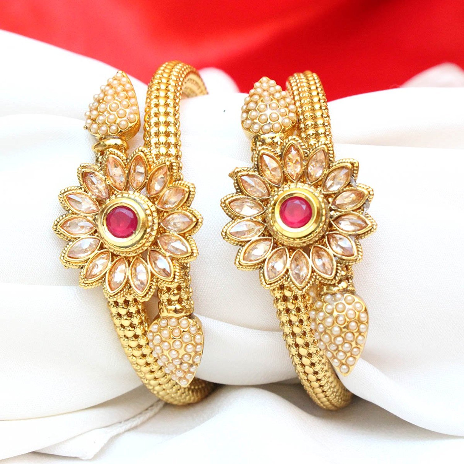 RATNA Indian Traditional gold plated Ruby Flower Design Bridal Polki bangle set women Wedding jewelry (2.6)