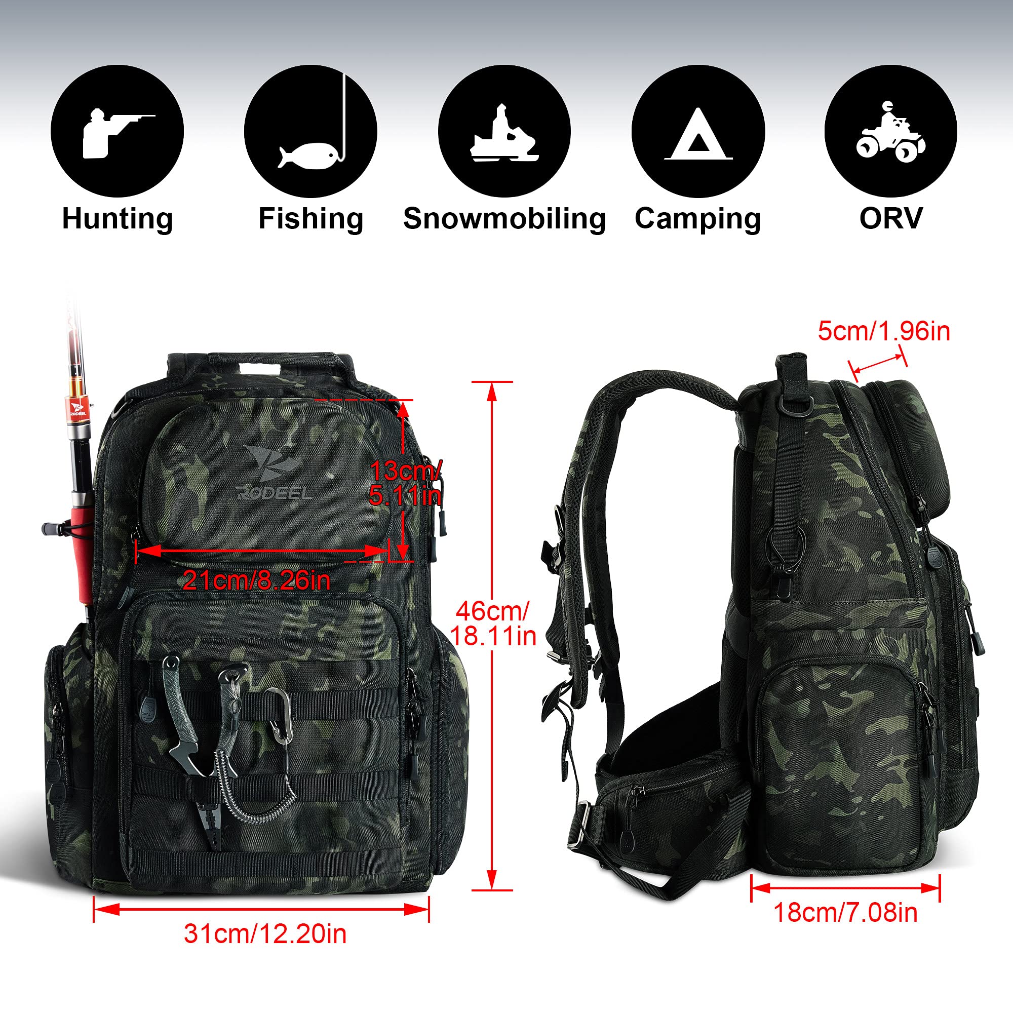 Rodeel Large Storage Backpack Fishing Hiking Tackle Backpack, Saltwater Resistant Fishing Bags