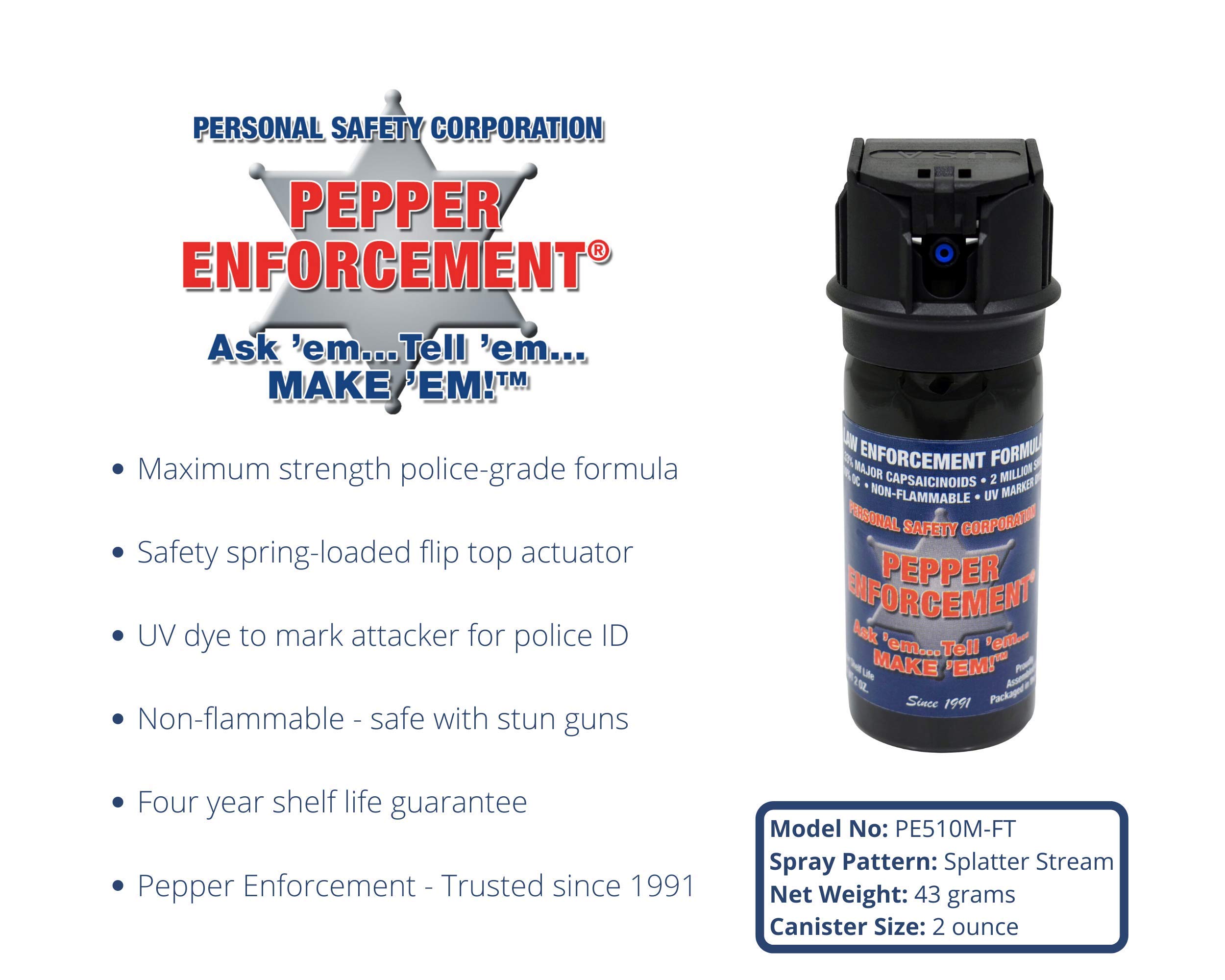 Pepper Enforcement PE510M-FT Splatter Stream Pepper Spray 2 Pack with Belt Loop Holster - Maximum Strength 10% OC Formula - Flip Top Canister - 4 Year Shelf Life