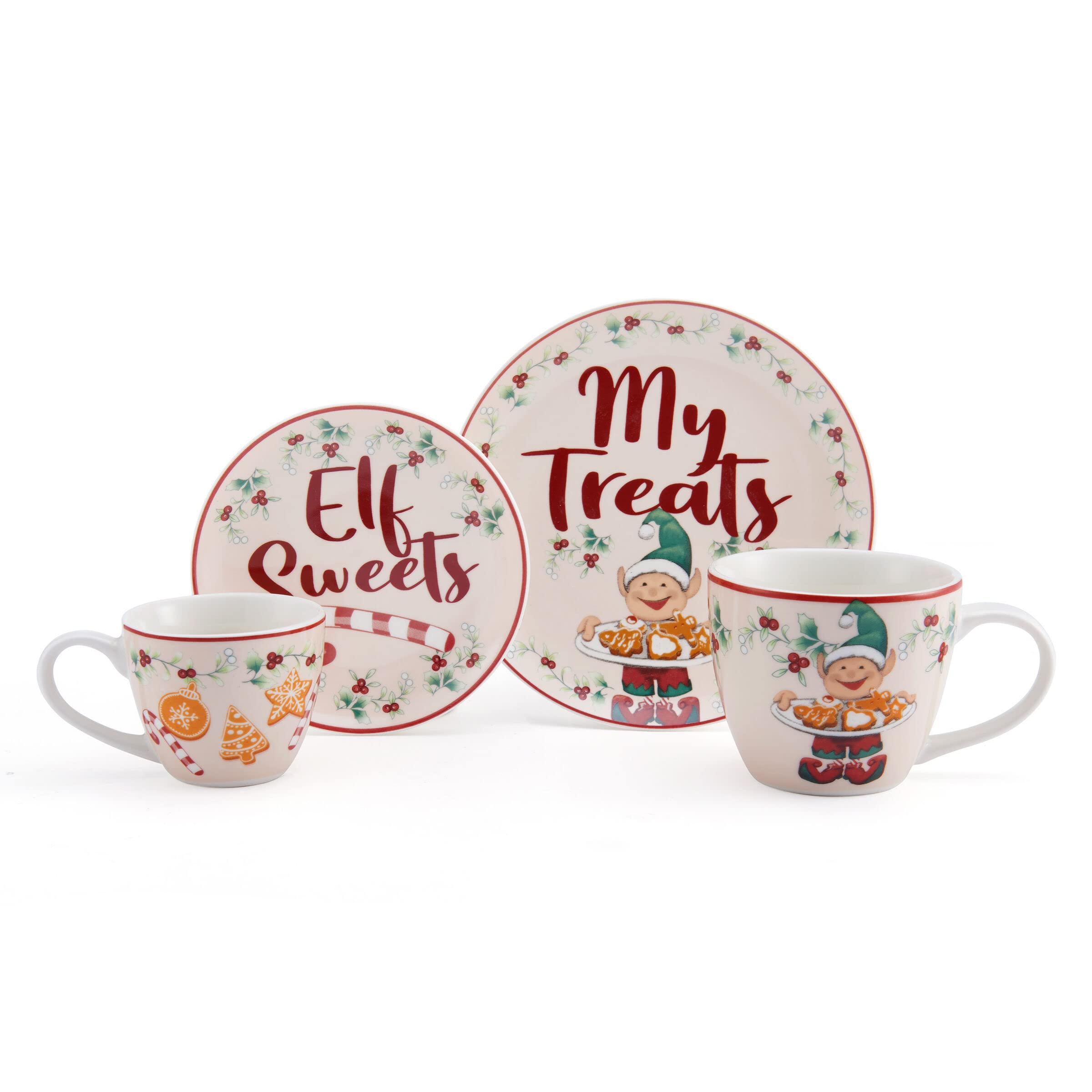 Pfaltzgraff Winterberry Elf Holiday Mug and Cookie Plate Child Gift Set, 4 Piece Set