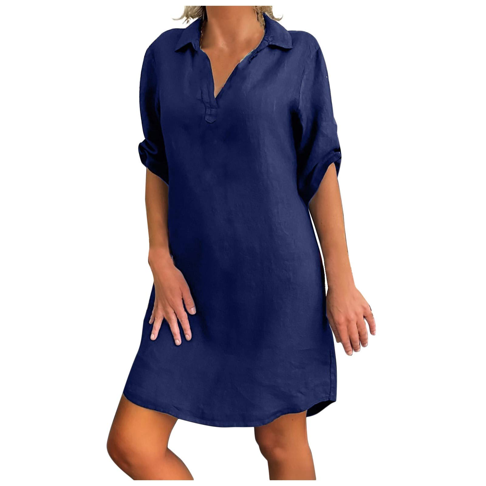 Stand Collar V-Neck Midi Dress for Women Casual Fit Button Half Sleeve Solid Shift Dress Blue