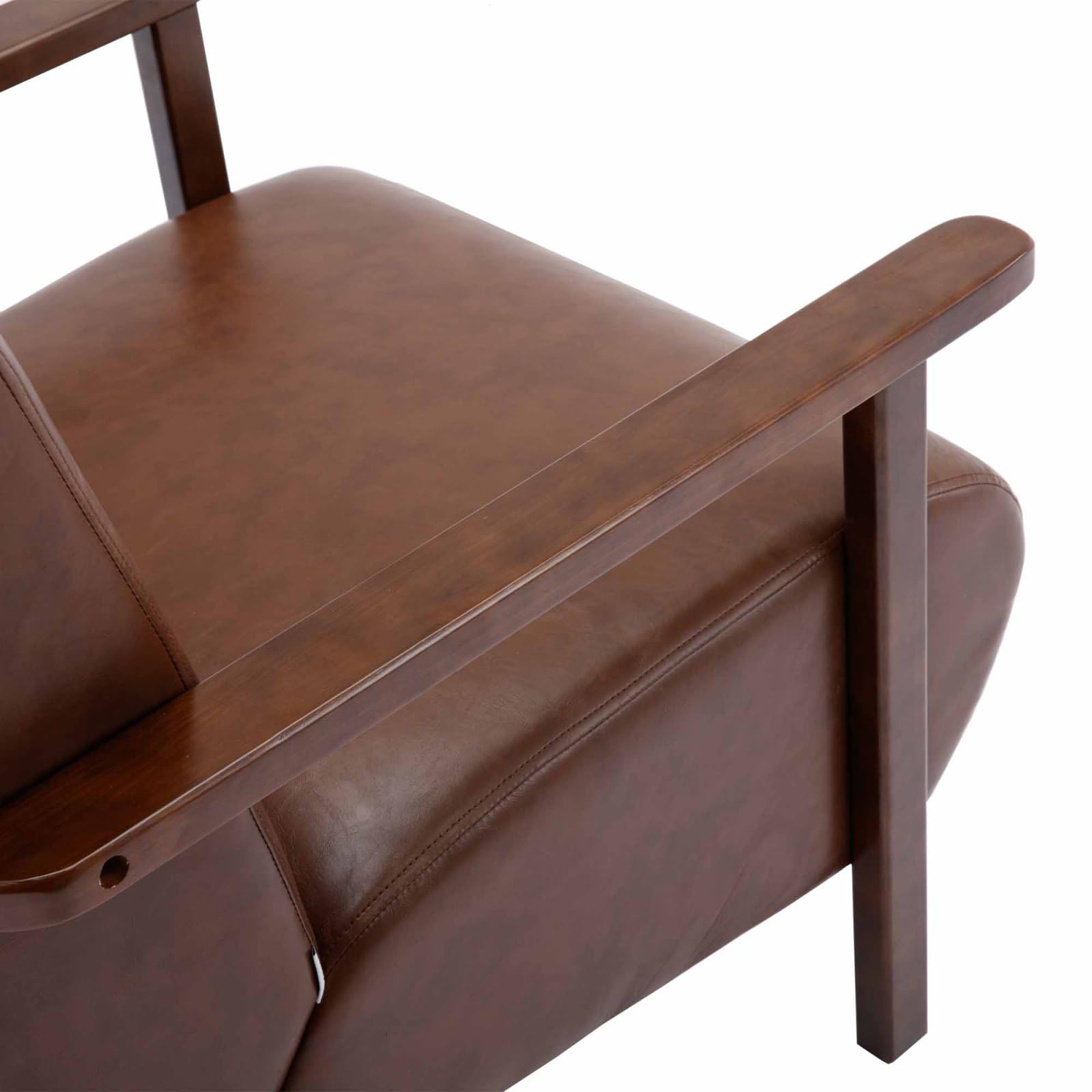 OUK-BT W395 Mid Century Modern Accent, Upholstered Armchair with Solid Wood Frame,Microfiber Leather Spots,Comfy Retro Leisure Reading Chair for Living Room, Bedroom, Brown