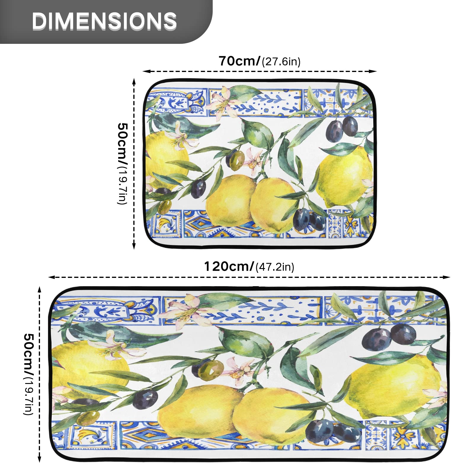 Washable Kitchen Rugs Set 2 Piece Watercolor Lemon Olive Branches Anti Fatigue Floor Mats Bathroom Carpet, 27"x19" and 47"x19"