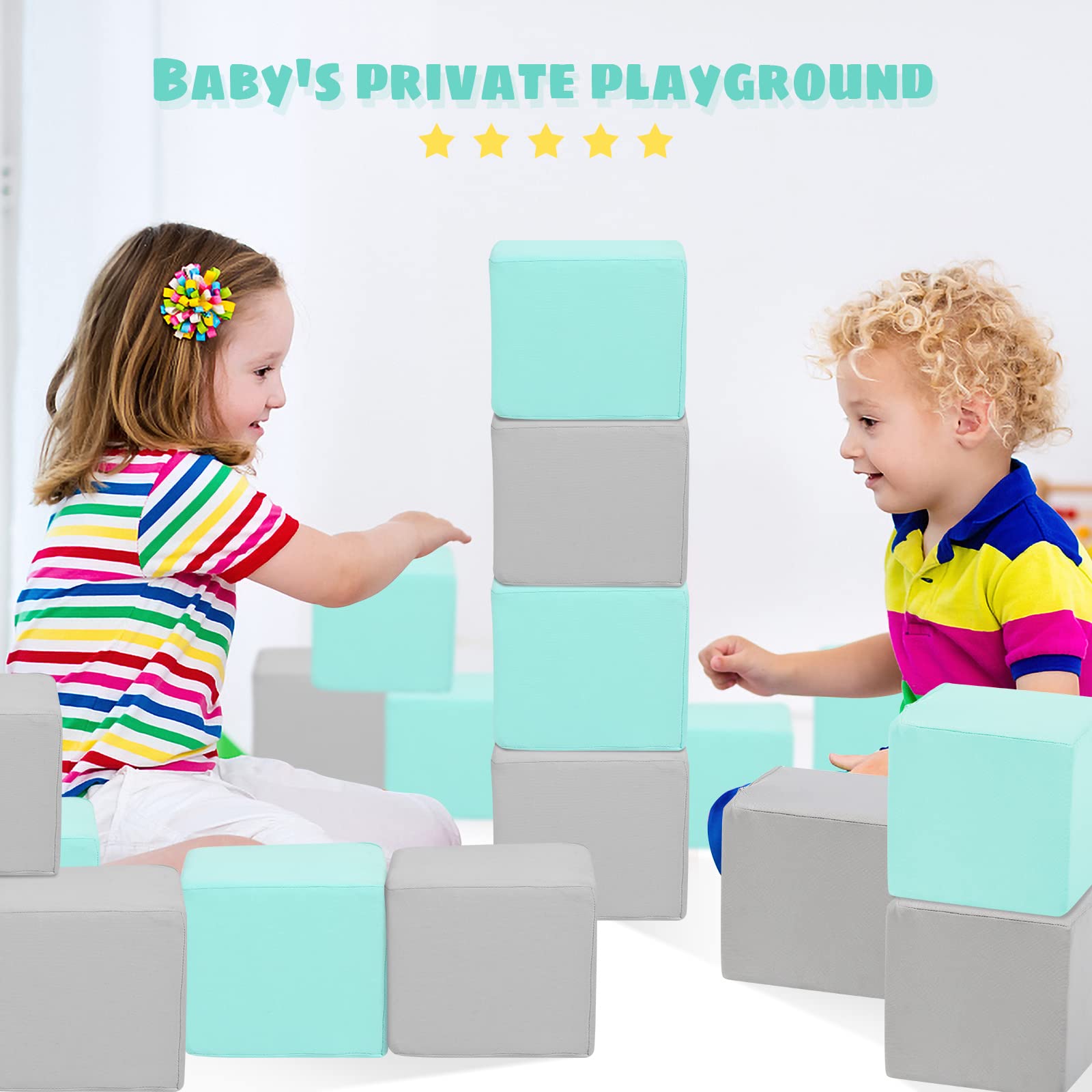 TRENDBOX 6 Pcs Toddler Foam Blocks, 5.5inch Soft Foam Cubes Blocks with Detachable Washable Cover, Soft Play Blocks for Toddlers and Kid (Light Gray/Blue)…