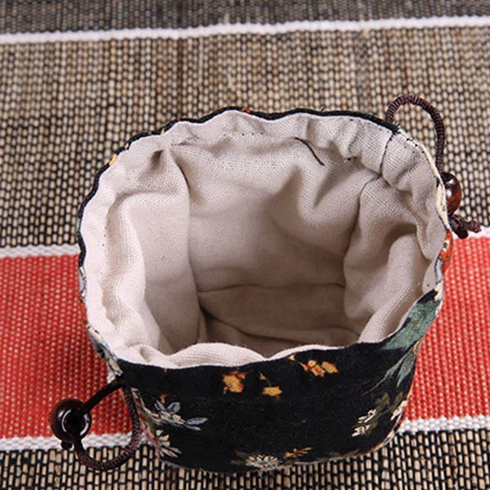 Retro Teapot Bundle Pocket, Flower Pattern Teacup Bag, Jewelry Storage Bag, Drawstring Bundle Pocket, Cotton Linen Teaware Storage Bag(Wine Red)