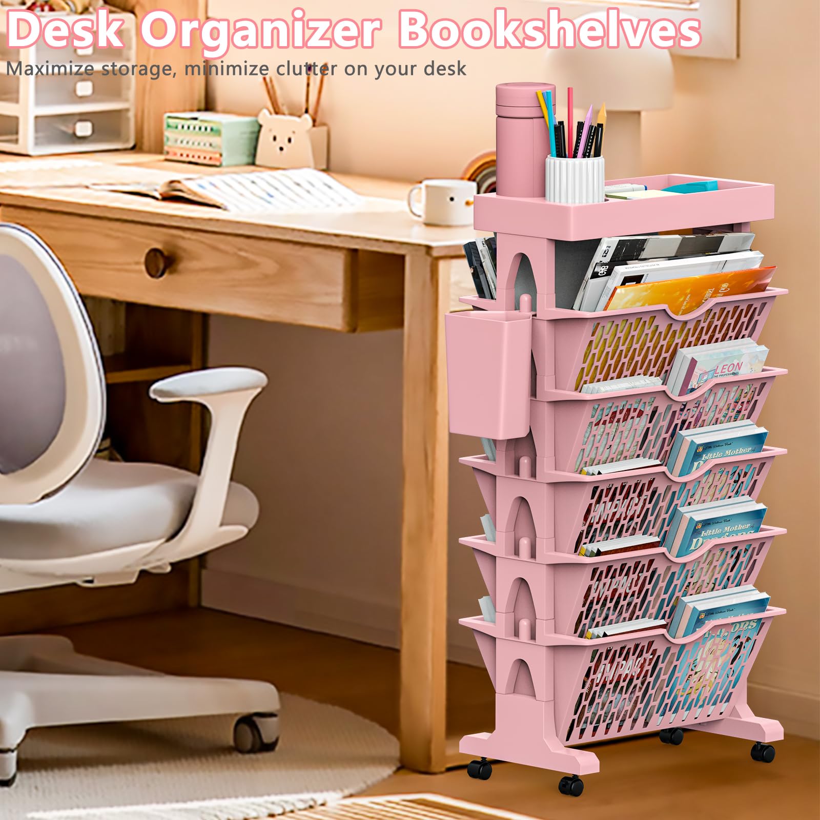 NIRIAHO 6 Tier Mobile Bookshelf, Rolling Cart Multi-Functional Movable Storage Book Shelves, Utility Cart Office Organizer Pink Bookshelves with Lockable Casters for Office, Dorm, Classroom