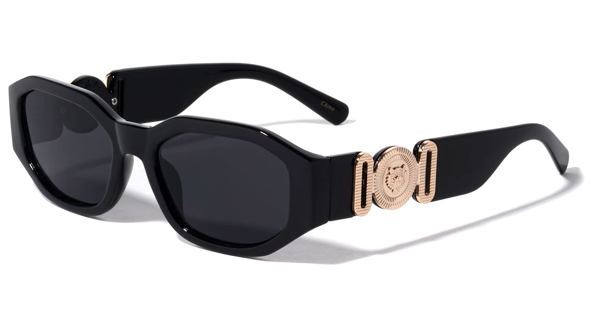Slim Oval Gold Tiger Head Medallion Luxury Sunglasses (Glossy Black & Gold Metallic Frame, Black Lenses), Retro