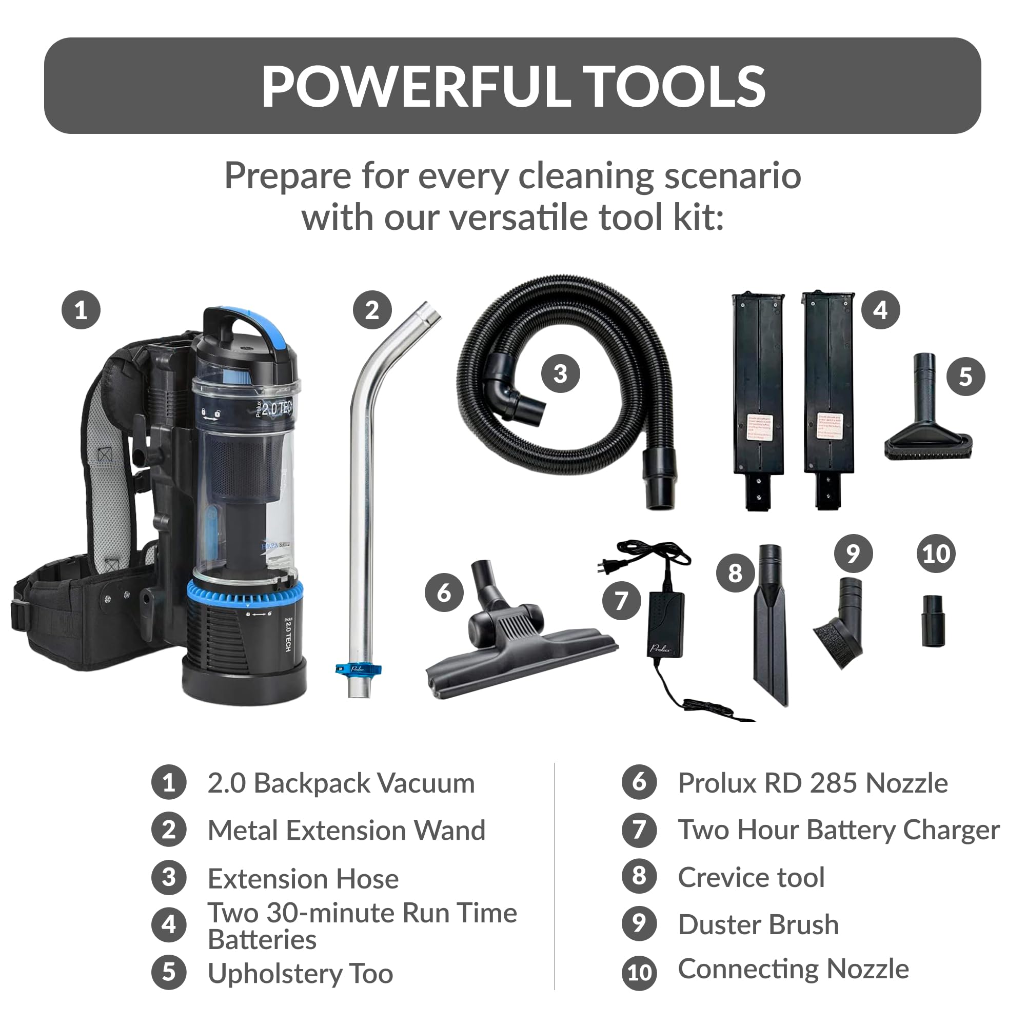 Prolux 2.0 Cordless Battery Bagless Backpack Vacuum Cleaner w/Dual HEPA Shield Filtration and Tool Accessory Kit