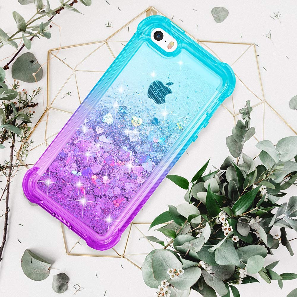 Ruky for iPhone SE Case (2016), iPhone 5 5S Glitter Full Body Case with Built in Screen Protector Shockproof Protective Bling Liquid Girls Case Compatible for iPhone 5 5S SE, Teal Purple