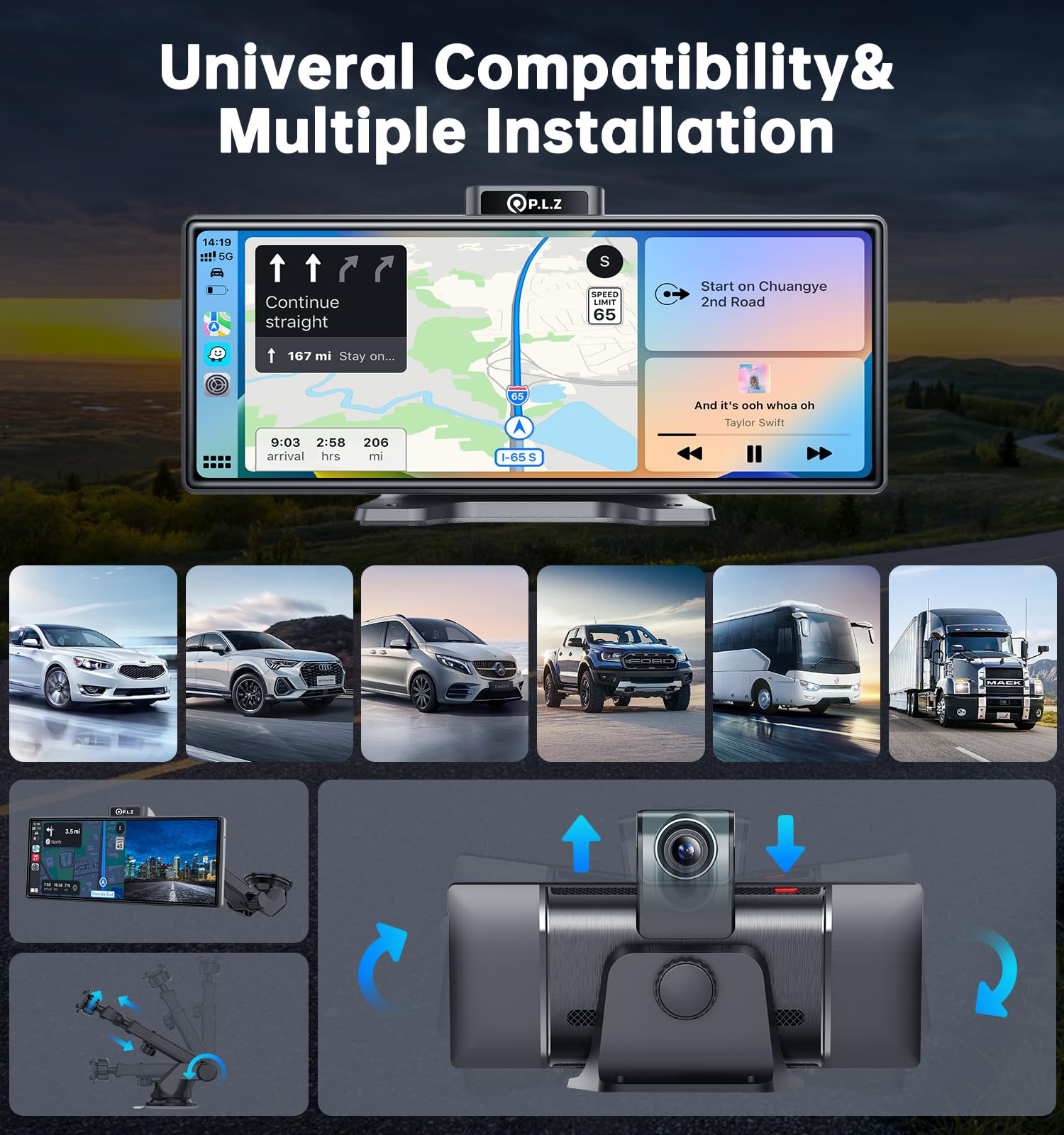 PLZ 9.3" Wireless Apple Carplay Stereo Screen, Portable Plug in Car Play Android Auto Touchscreen, Car Audio Receiver, 1080P Backup Camera, Bluetooth 5.3, FM Radio Transmitter, 2.5K Dash Camera
