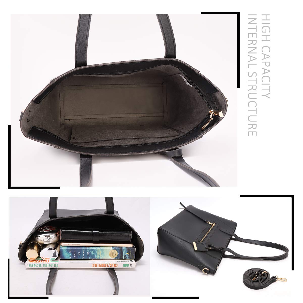 PU Leather Purses and Handbags Work Zip Tote Bag Large-Capacity Shoulder Bag Satchel for Women (893-black)