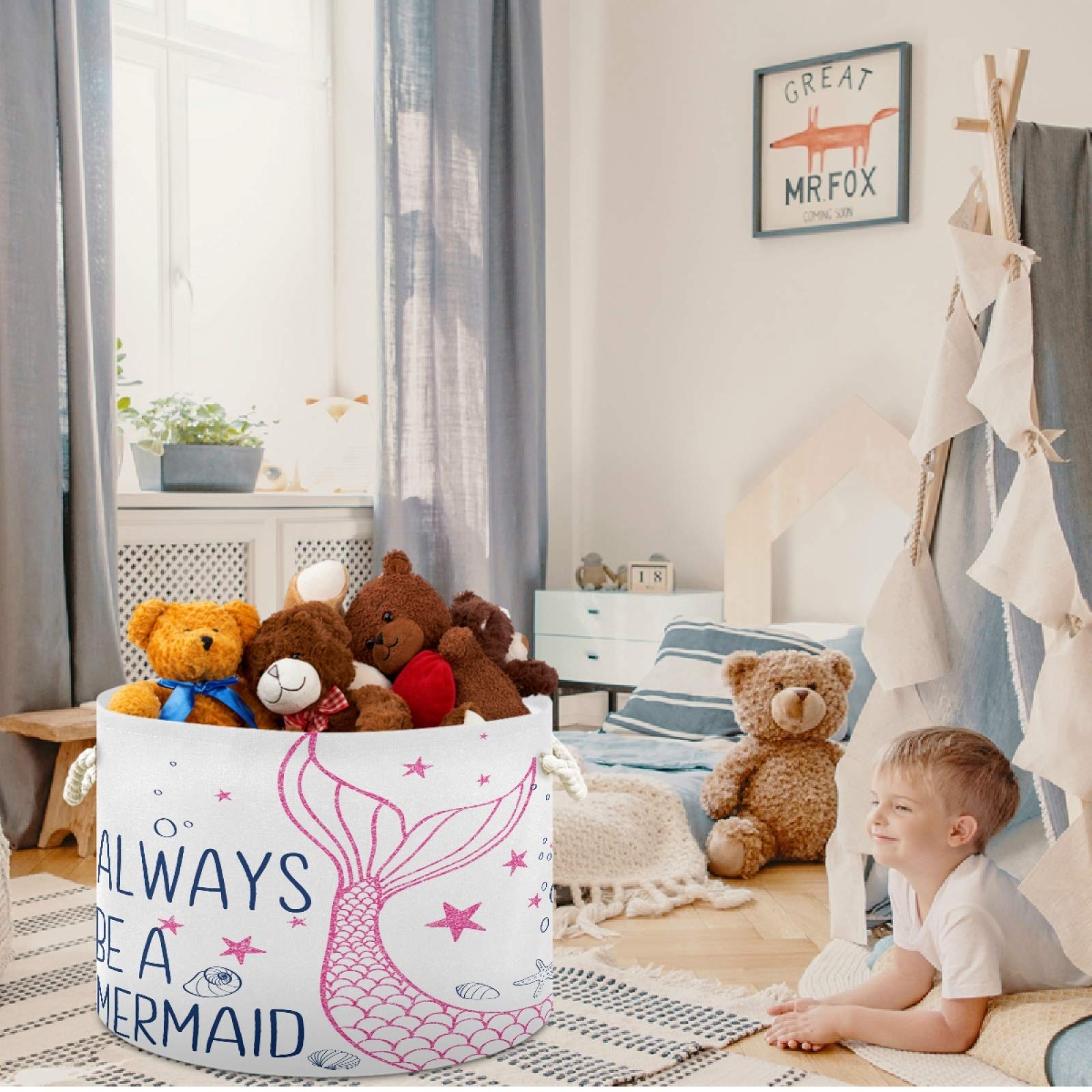 visesunny Storage Basket Mermaid Tail Nursery Hamper Basket Clothes Toy Storage Organizer Bin Box Collapsible Laundry Bag for Kid Room,Playroom,Bathroom,Living Room,Dorm,Office