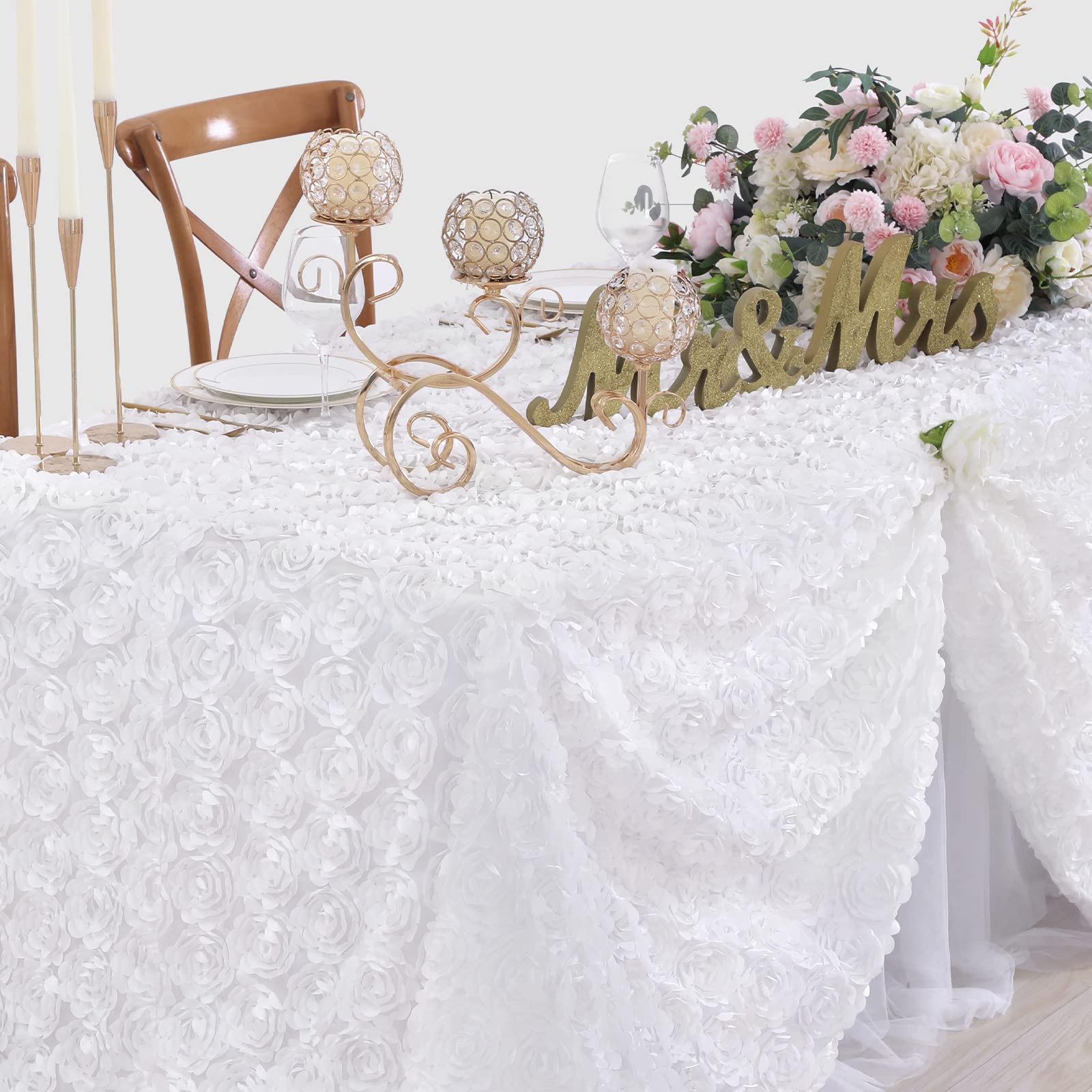 Rosette Tablecloth White 50x80 Inches Rectangular 3D Floral Satin Rosette Fabric Table Cover Grandiose Wedding Party Baby Shower Decorations