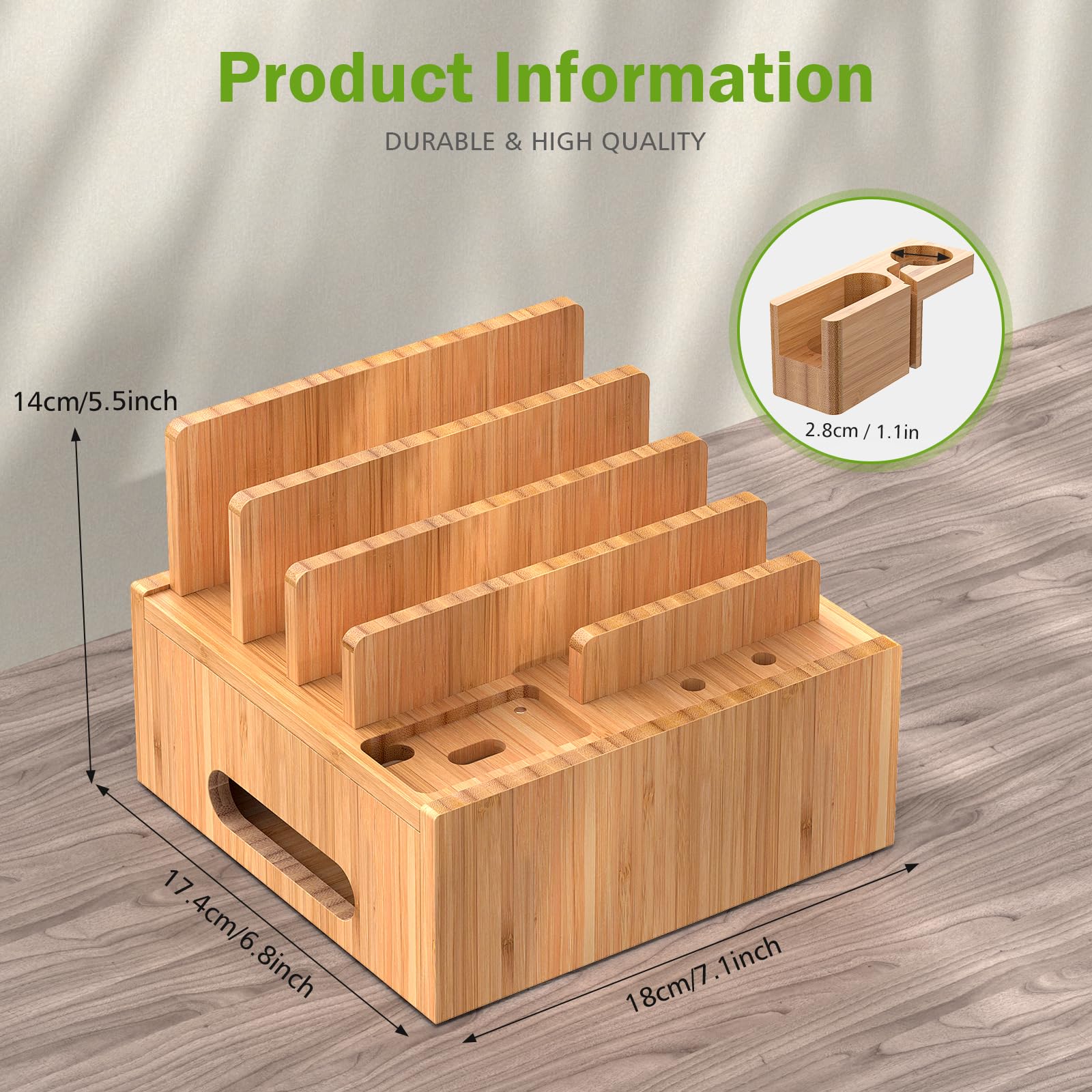 Pezin & Hulin Bamboo Multiple USB Charging Station for Phones and Tablets, All-in-one Organizer Dock for Watch, Earbuds - with 6 Cables, 5 Ports Hub Charger