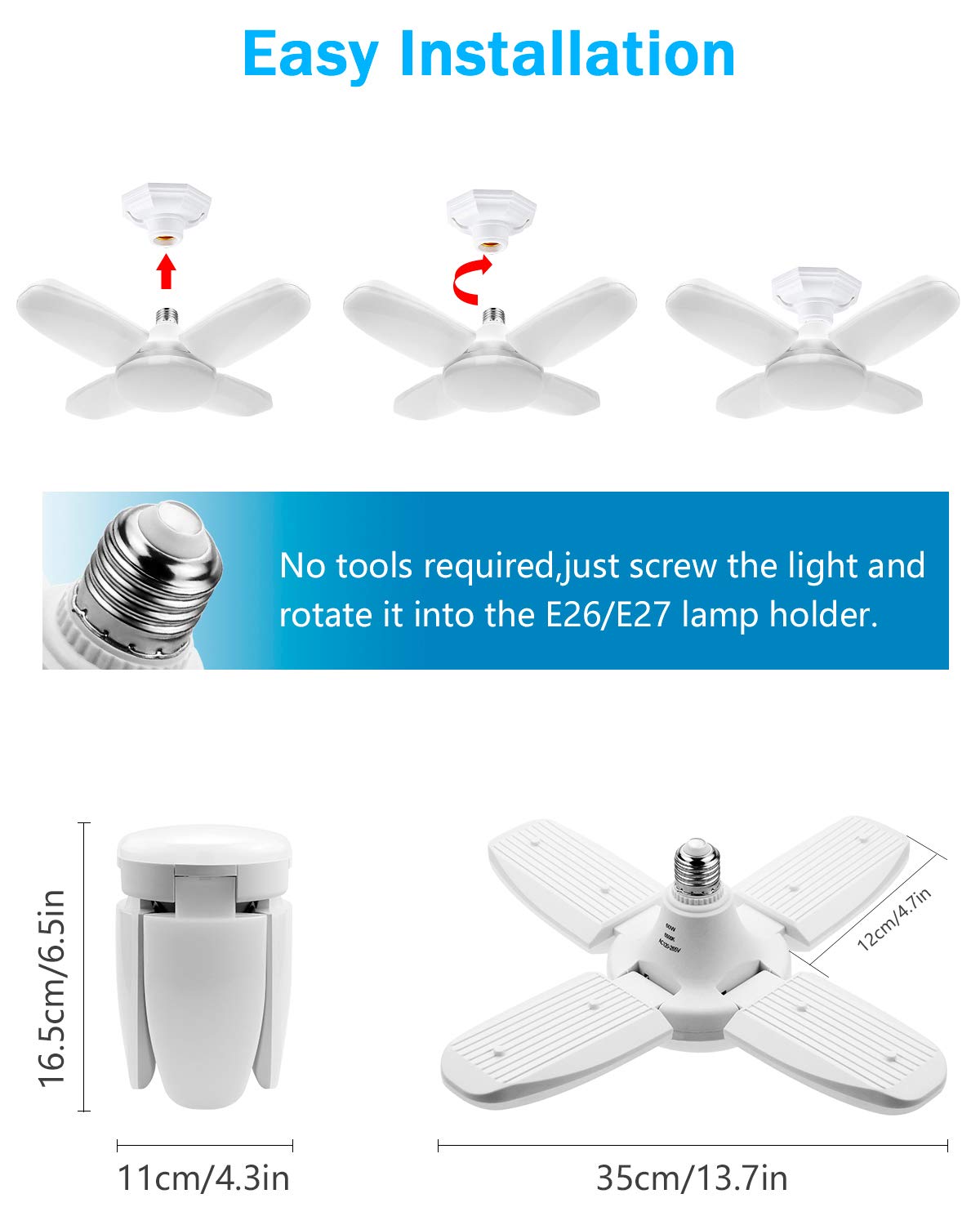 Samsion LED Garage Lights 2 Pack 60W Deformable Garage Light Ceiling LED 6000lm Daylight White 6500K E26 E27 Tribright LED Workshop Light with 4 Adjustable Panels for Basement Barn Storage Warehouse