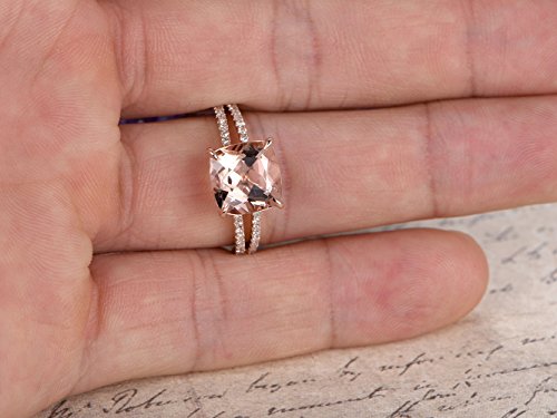 Pink Morganite Engagement Ring,8mm Cushion Cut Stone,Solid 14K Rose Gold,Split Shank Band