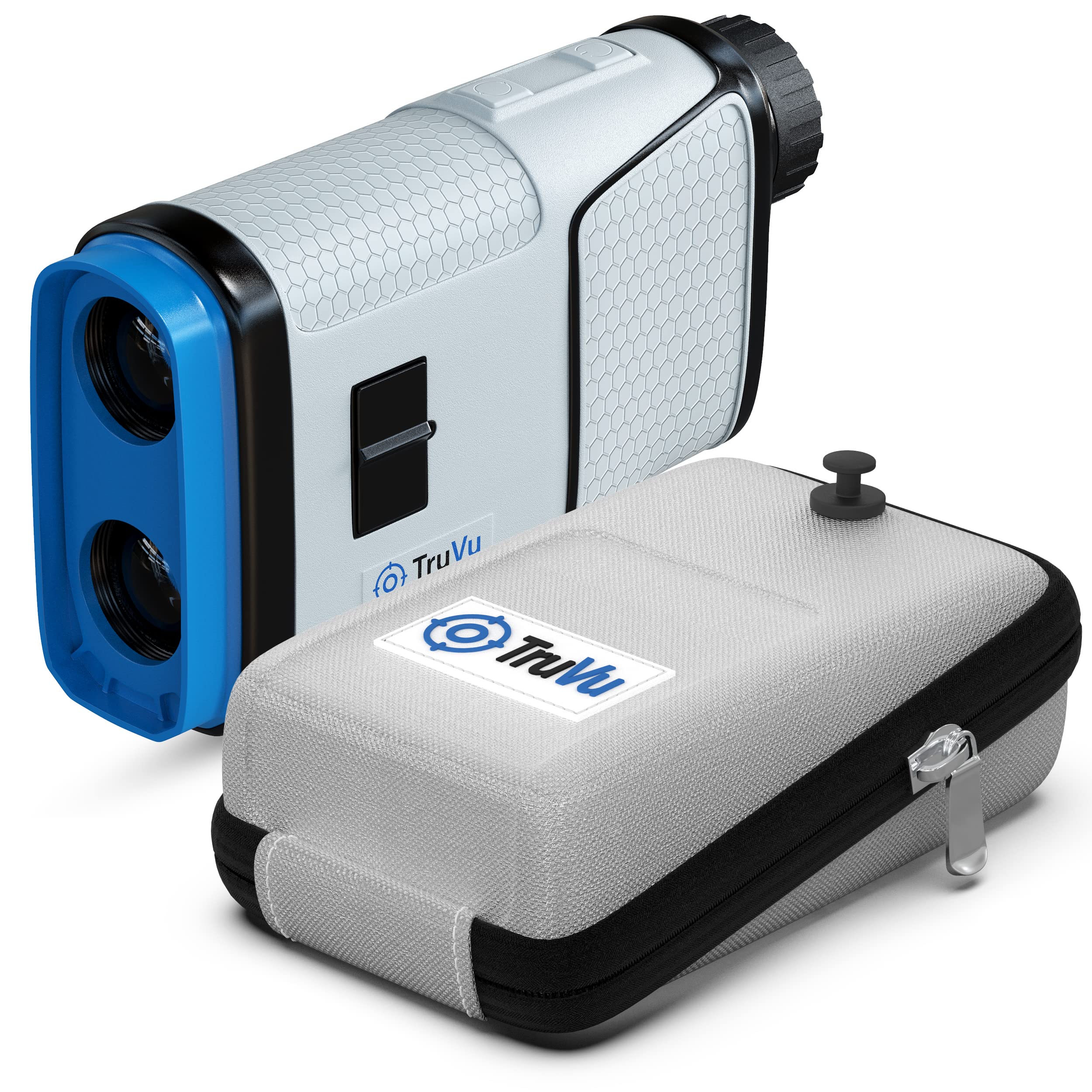 TruVu UltraMax Golf Rangefinder with Slope & Magnetic Strip | Pinseeker Pulse Lock | 1000 Yard Range | Includes Rangefinder Case & Battery | Lifetime Batteries (Blue Lens Cap)