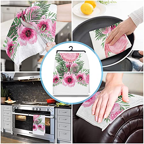 Super Soft and Absorbent Dish Towels 4 Pack, 28”x18”,Flamingo with Tropical Garden Hibiscus Flower Plant Highly Absorbent Microfiber Bar & Tea Towels for Home, Kitchen