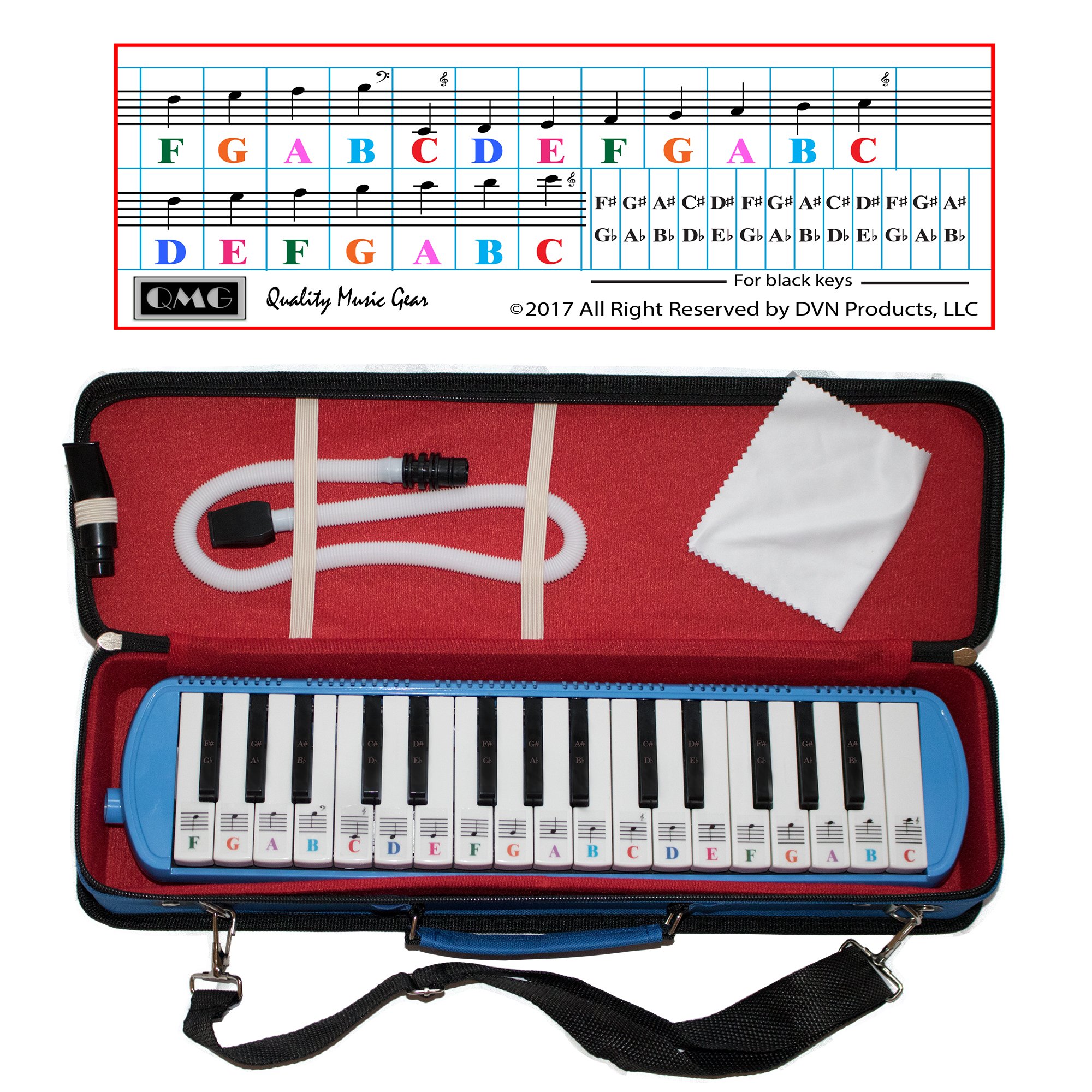 QMG Melodica 32 Keys with Piano Stickers, Hard Cover Carrying Case, Mouthpiece