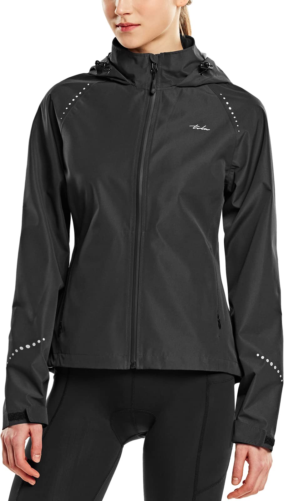 TSLA Women's Cycling Windbreaker Jacket, Waterproof Running Workout Rain Jackets, Packable Reflective Hiking Hoodie, Cycling Black, Small