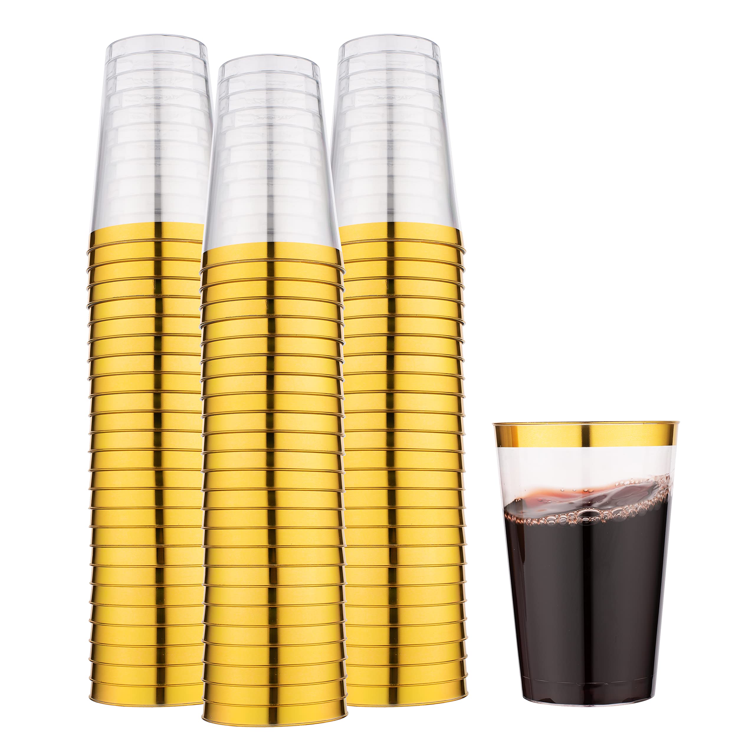 PREM-QUAL 150 Gold Rimmed 12oz Plastic Disposable Heavy Duty Elegant Gold Cups for Wedding, Baby Shower or Any Party
