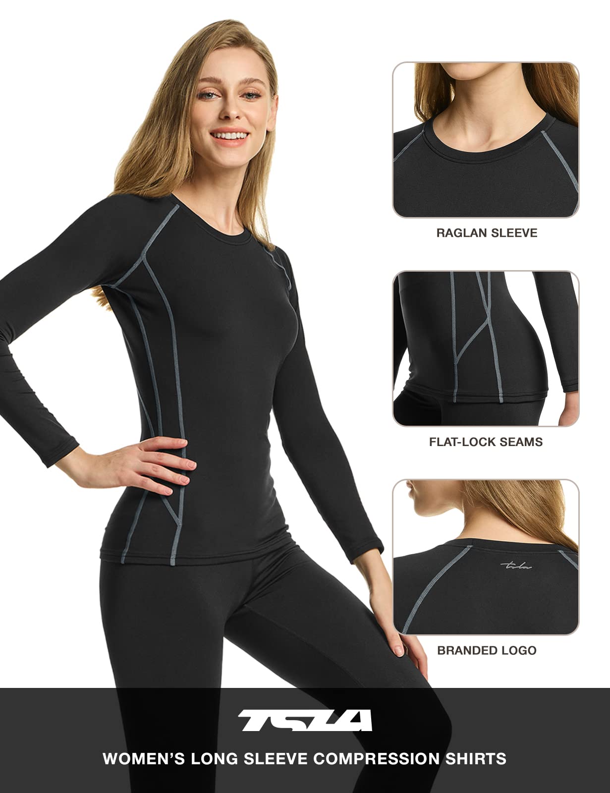 TSLA Women's Thermal Long Sleeve Tops, Mock Turtle & Crew Neck Shirts, Fleece Lined Compression Base Layer, Round Neck Heatlock Black&Charcoal, Large