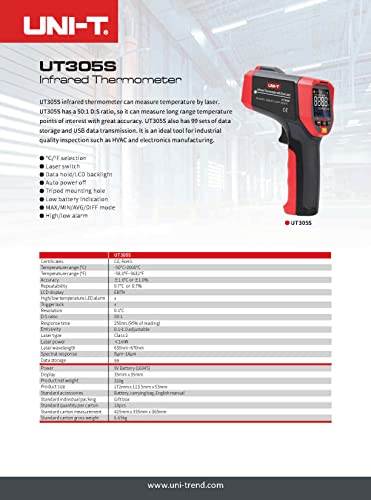 UNI T UNI-T UT305S Professional Infrared Thermometer CE/RoHS -50°C~2000°C Accuracy±1.0℃ or ±1.0% High/low alarm °C/°F selection, Red and Grey, 172mm x 113.5mm x 53mm