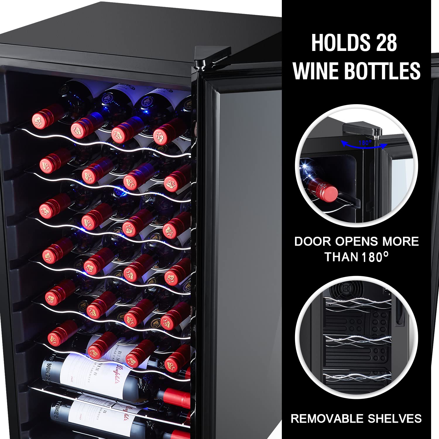 Phiestina Wine and Beverage Refrigerator Wine Cooler Freestanding 28 Bottles or 24 Bottles 15 cans Wine Fridge with LED light Digital Touch Control 7 Removable Shelves for Home/Bar/Office