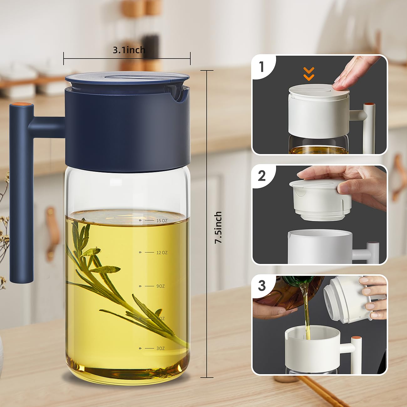OneNewwish Glass Olive Oil and Vinegar Dispenser Bottle with Auto Flip Cap For Kitchen, Press Opening & No Drip Spout Cooking Oil Container, Leakproof, Shatterproof, Non-Slip Handle(17oz