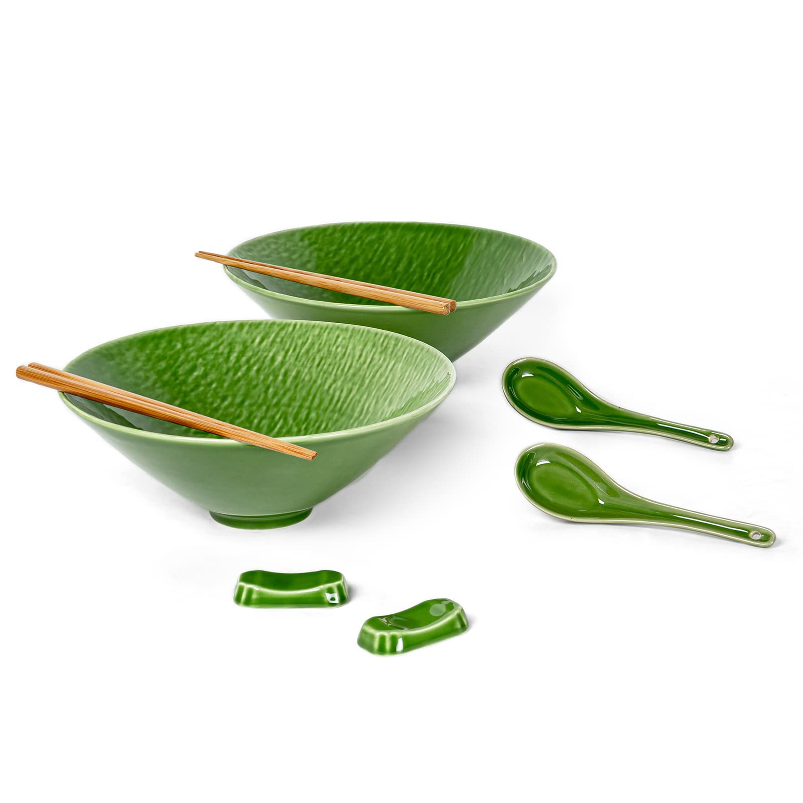 UNICASA 38oz Large Japanese Ramen Bowl Set with Chopsticks, Spoons and Stands, Ceramic Noodle Bowl Set of 2 for Udon, Pho, Soba, Salad and Soup – Reactive Glazed Light Green
